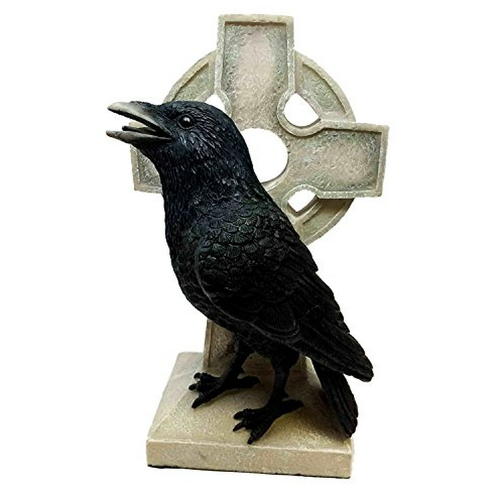 DARK RAVEN CROW ON CROSS TOMB STONE STATUE SCULPTURE SCAVENGER BIRD ...