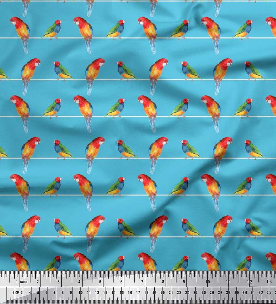 Soimoi Satin Silk Fabric Stripe & Macaw Parrot Bird Print Fabric by the ...