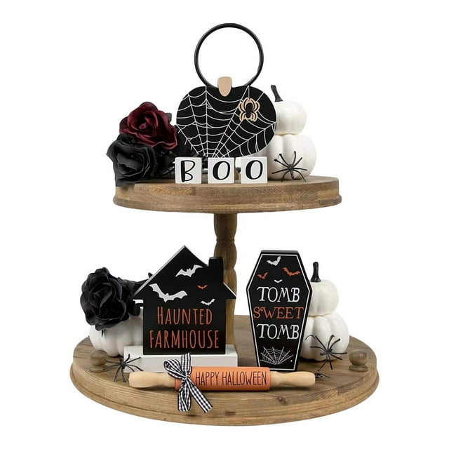 SAYOO Halloween Tiered Tray Decorations, 3D Rolling Pin Tomb Haunted House Pumpkin Table ...