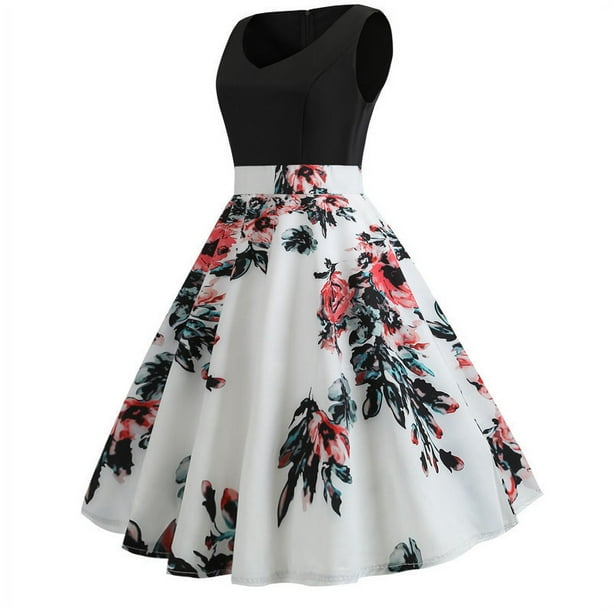 Vintage Tea Dresses for Women 1950's Floral Sleeveless V Neck Retro ...
