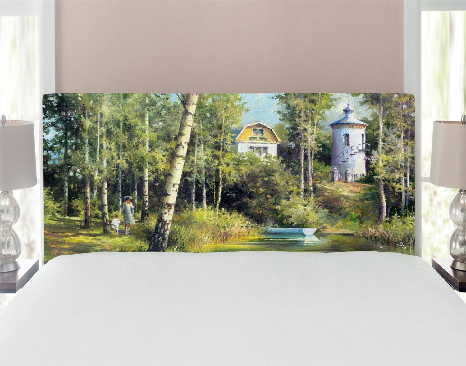 Nature Headboard, Rural Scenery with an Old House, Lake and Retro Tower ...