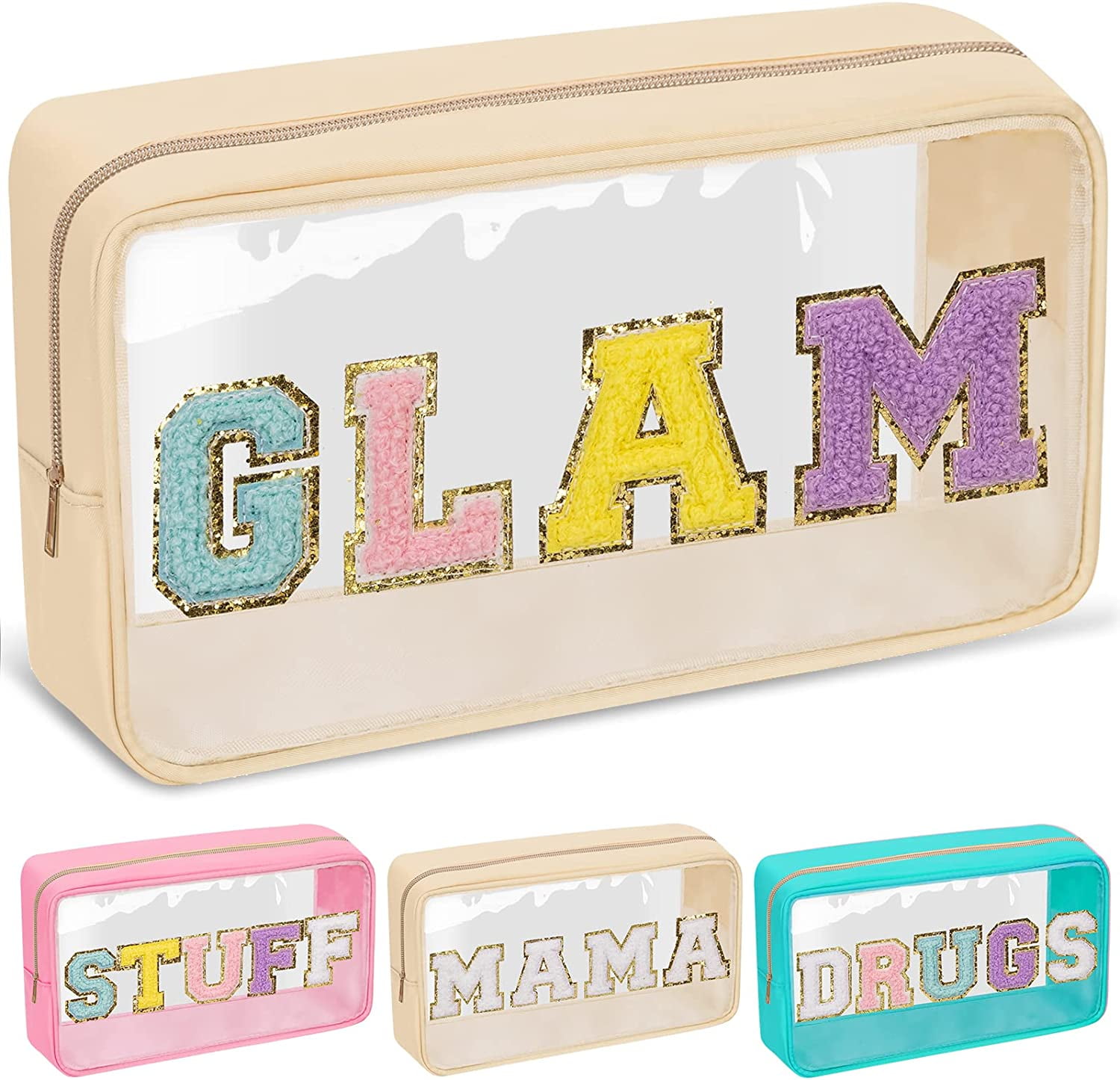 Izuzta Chenille Letter Clear Makeup Bags, Preppy Patch Pouch with ...