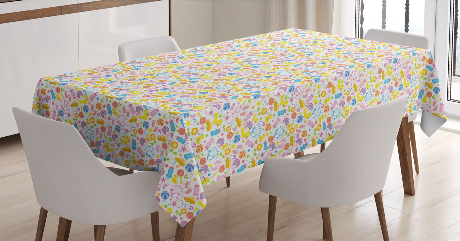 Cartoon Tablecloth, Assortment of Items Toys Footprints Milk Bottles ...
