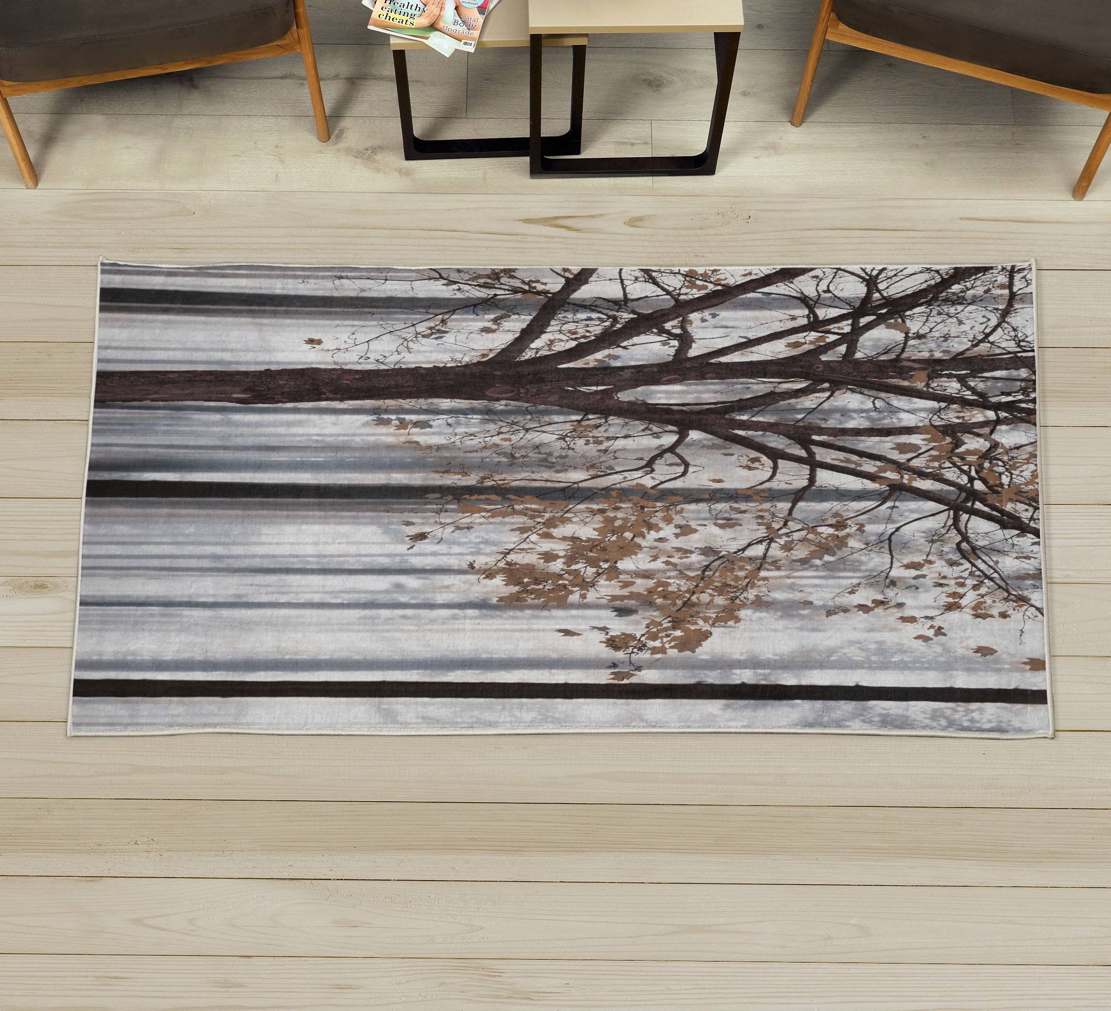 Autumn Decorative Rug, Picture of a Lonely Tree Leaves on an Abstract ...