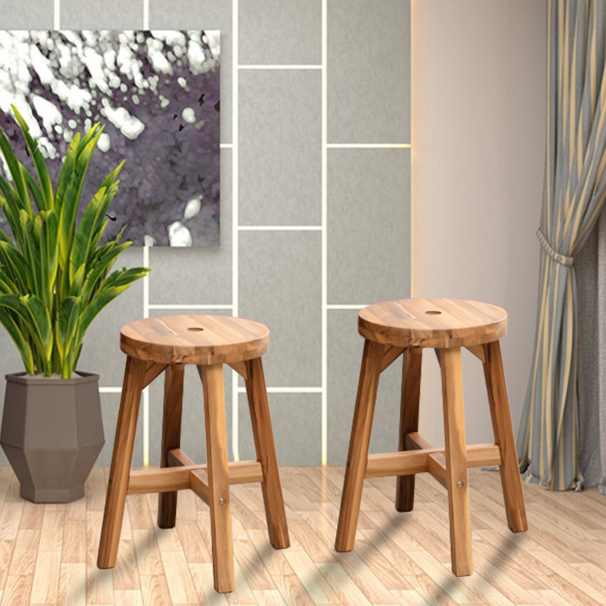 Kumji Acacia Wood Stools Set of 2, 17.70" Seat Height, Rustic Style ...