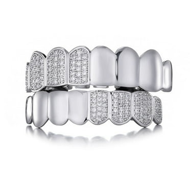 Saintda Real Mouth Diamond Tooth Grillz Set, Top & Bottom, Silver, AAA ...