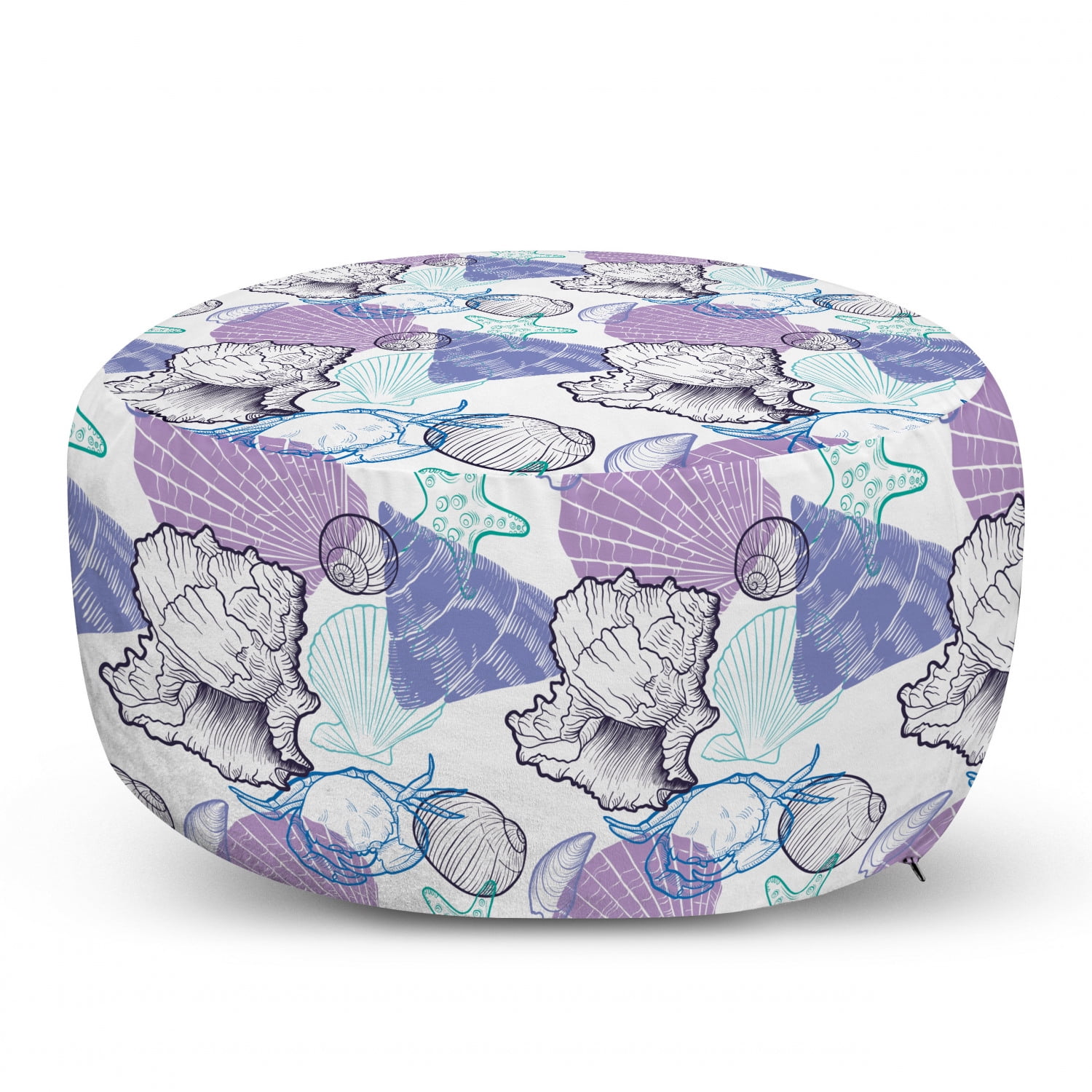 Nautical Pouf Cover with Zipper, Detailed Sketch of Sea Shells Mussels ...