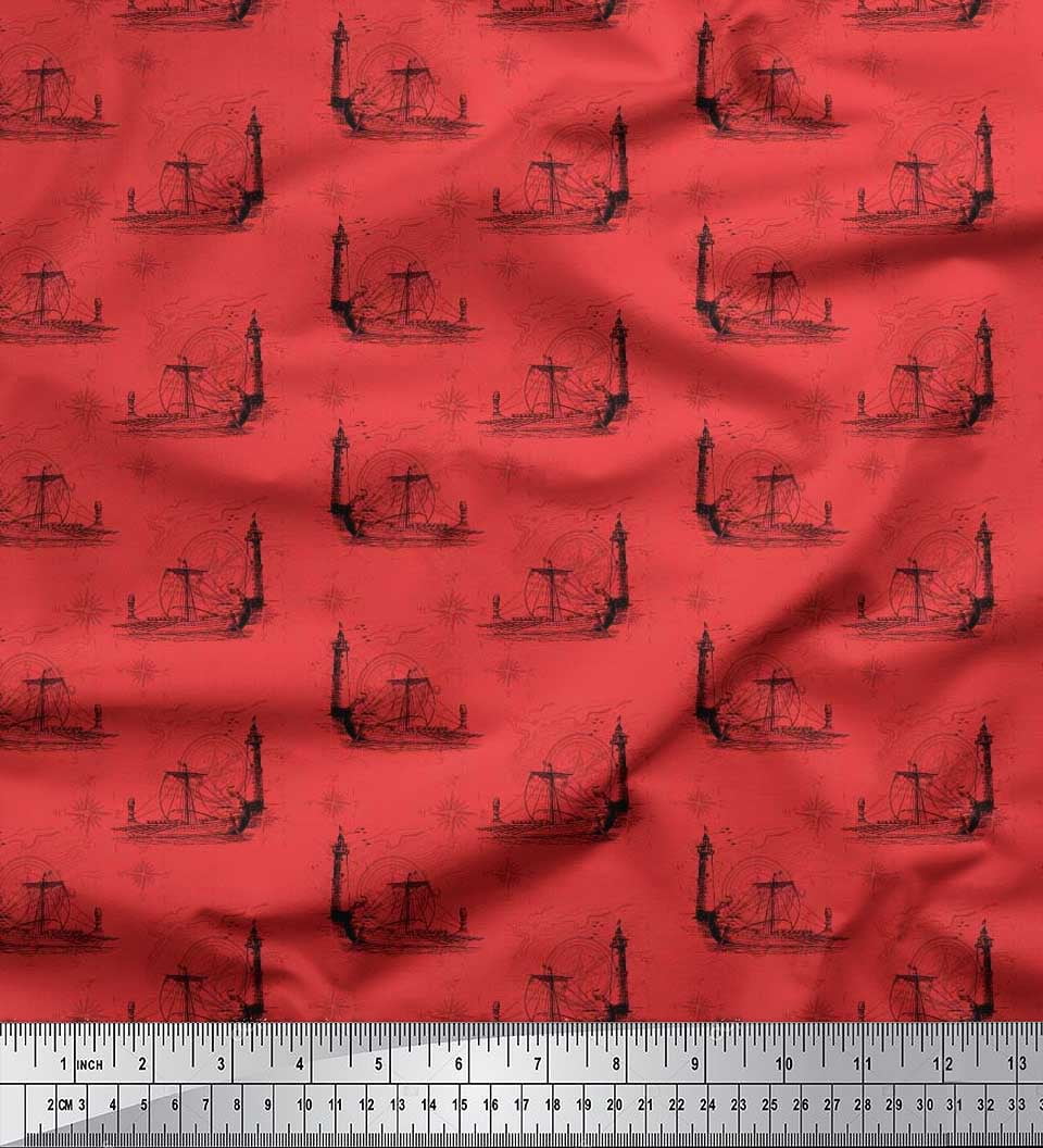 Soimoi Japan Crepe Satin Fabric Direction Compass,Lighthouse & Yacht ...