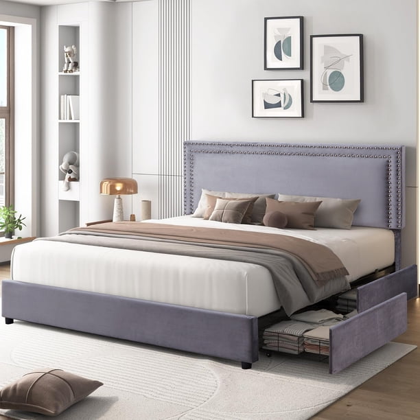 VECELO Full Bed Frame with 4 Storage Drawers (Wheeled), Modern Tufted ...
