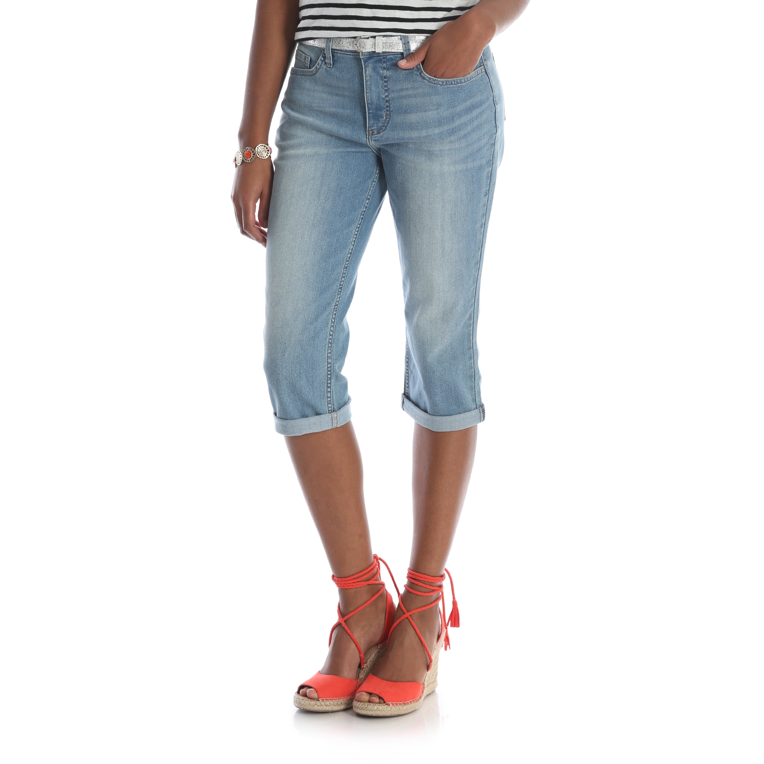 Women's Belted Denim Cuff Capri - Walmart.com