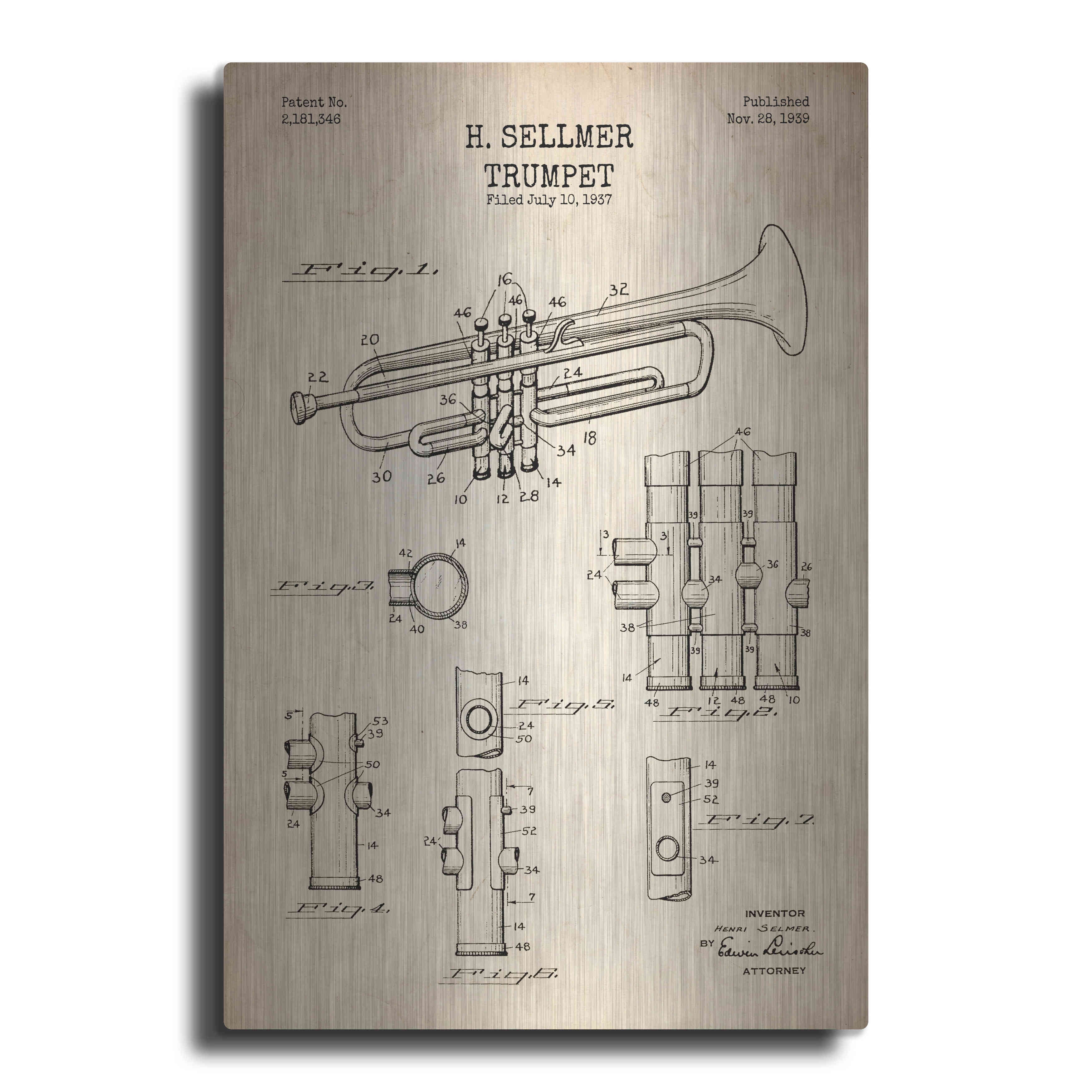 Luxe Metal Art 'Trumpet Blueprint Patent Parchment' Metal Wall Art, 24 ...