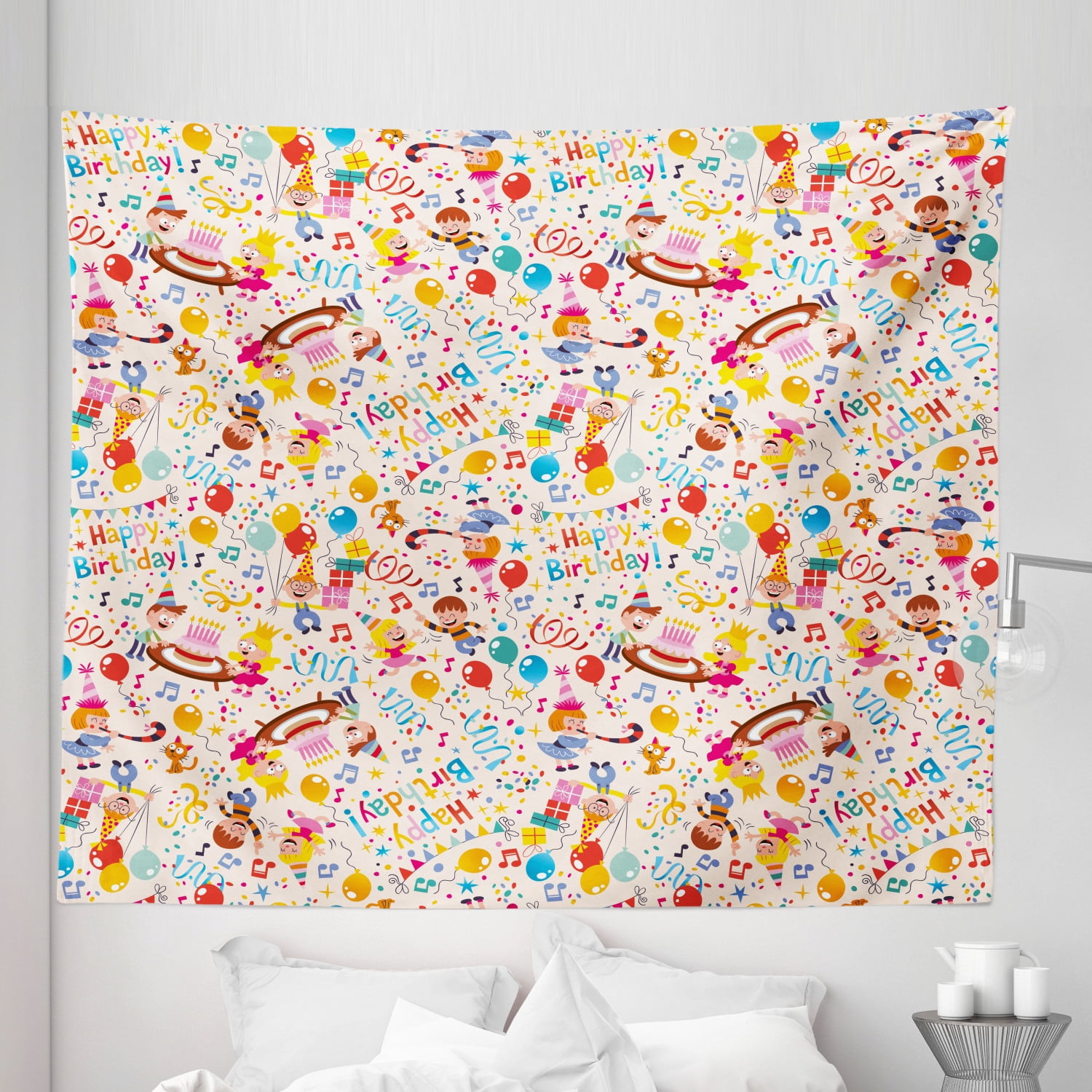 Birthday Tapestry, Celebration Theme Balloons Delicious Cakes on Pink ...