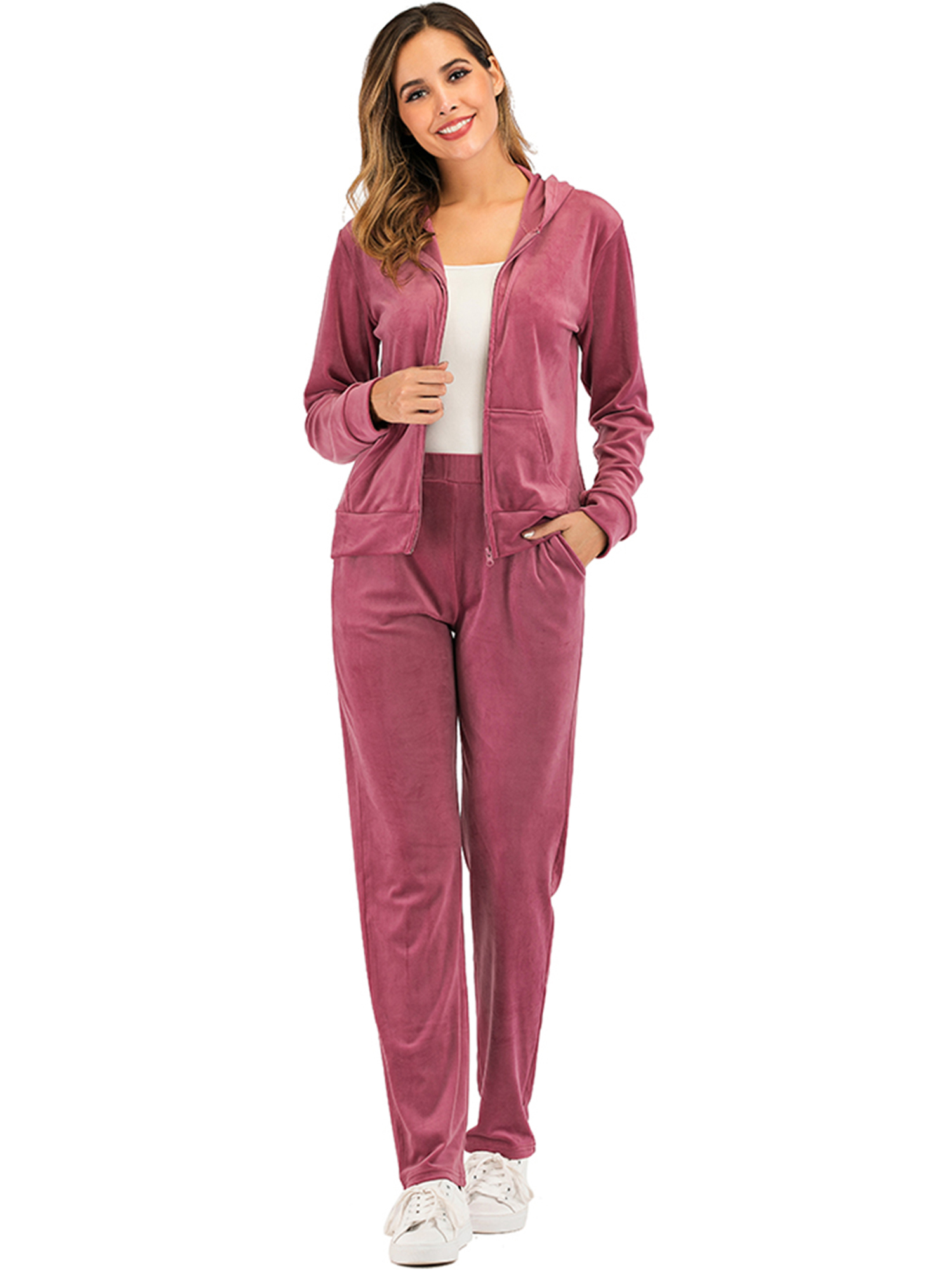 LELINTA Womens Casual Basic Velour Zip Up Hoodie Sweatsuit Tracksuit