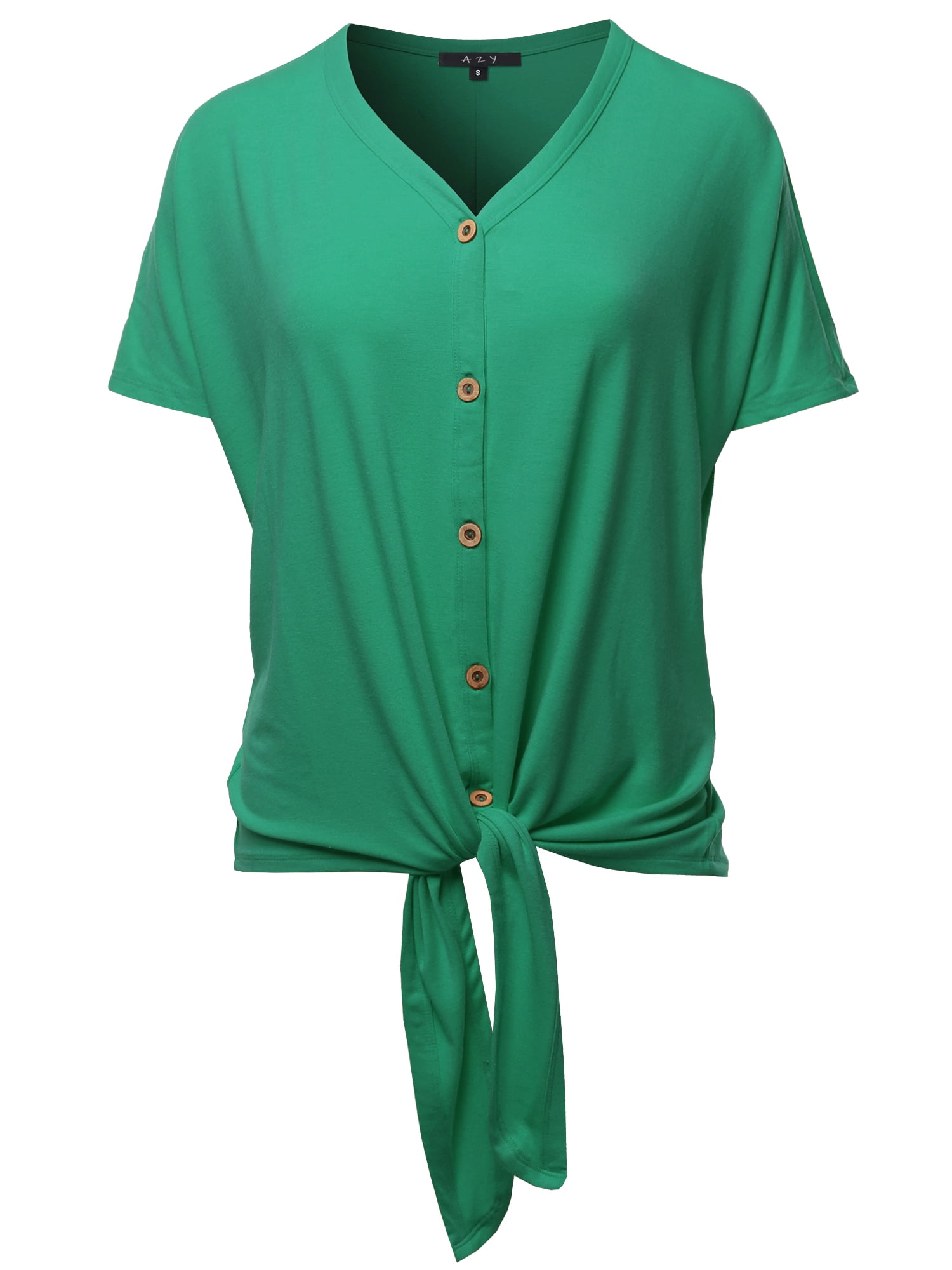 A2Y Women's Loose Fit Short Sleeve Button Down Front Tie Top Kelly ...