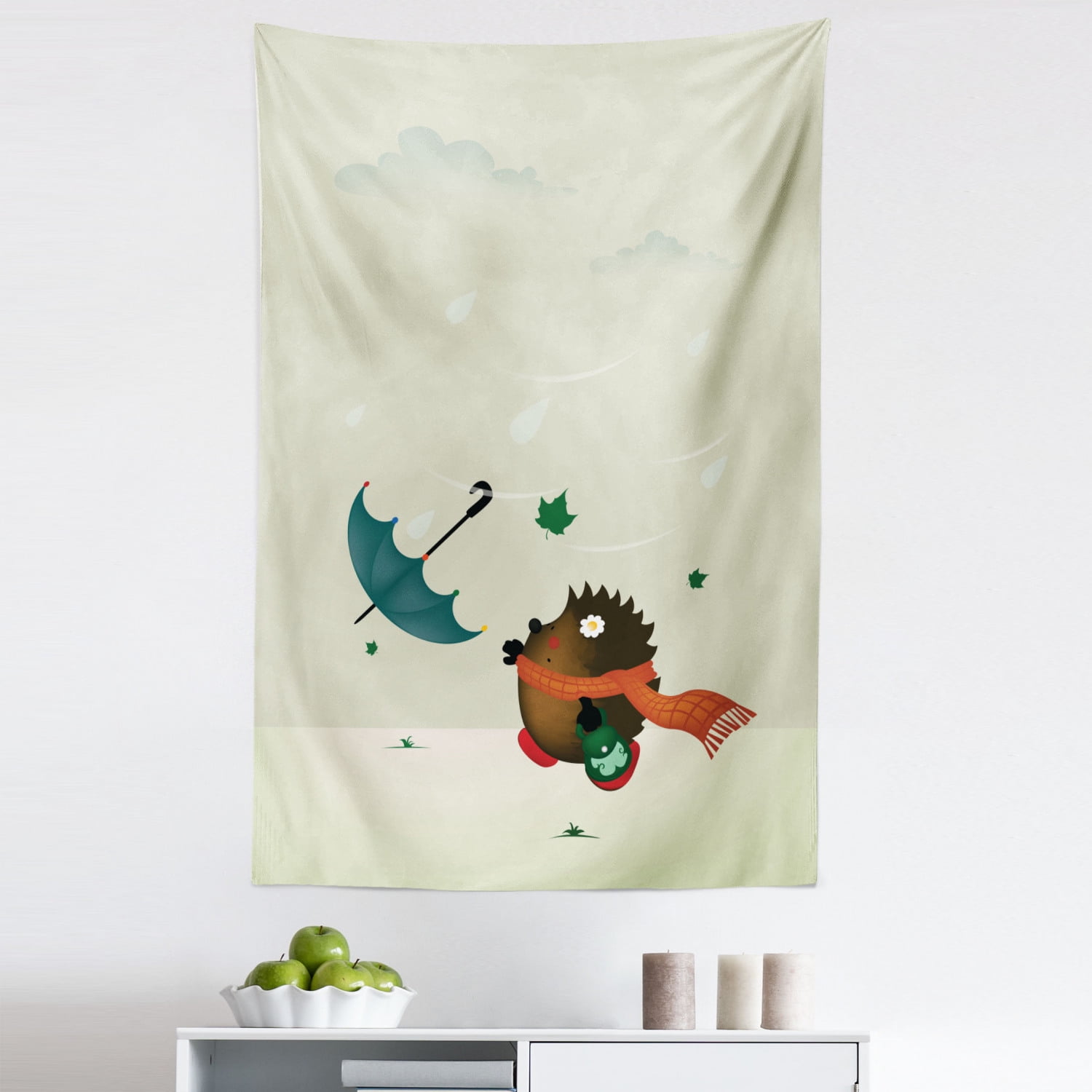 Hedgehog Tapestry, nimal with Scarf Trying to Catch Her Umbrellon ...