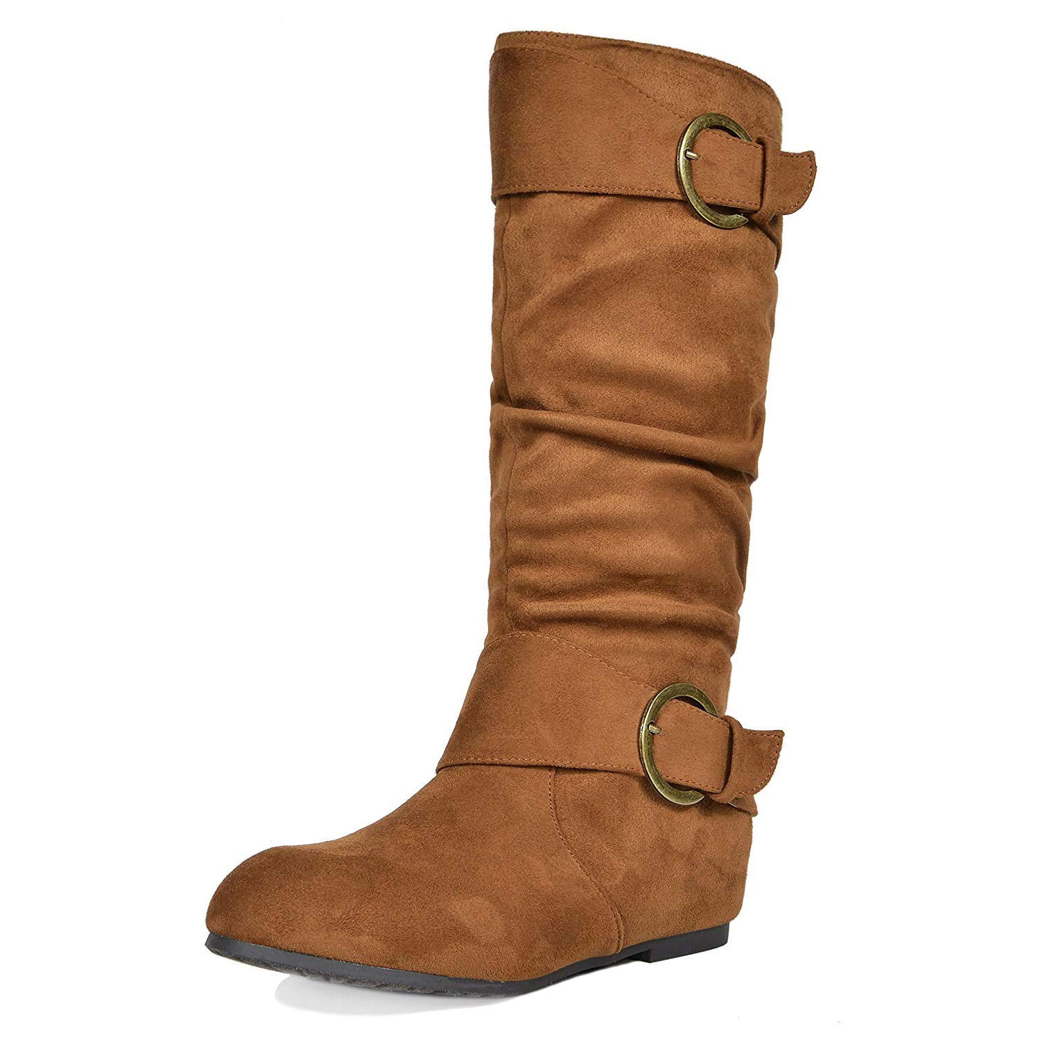 Dream Pairs Womens Wide-Calf Knee High Low Hidden Wedge Slouch Buckle ...