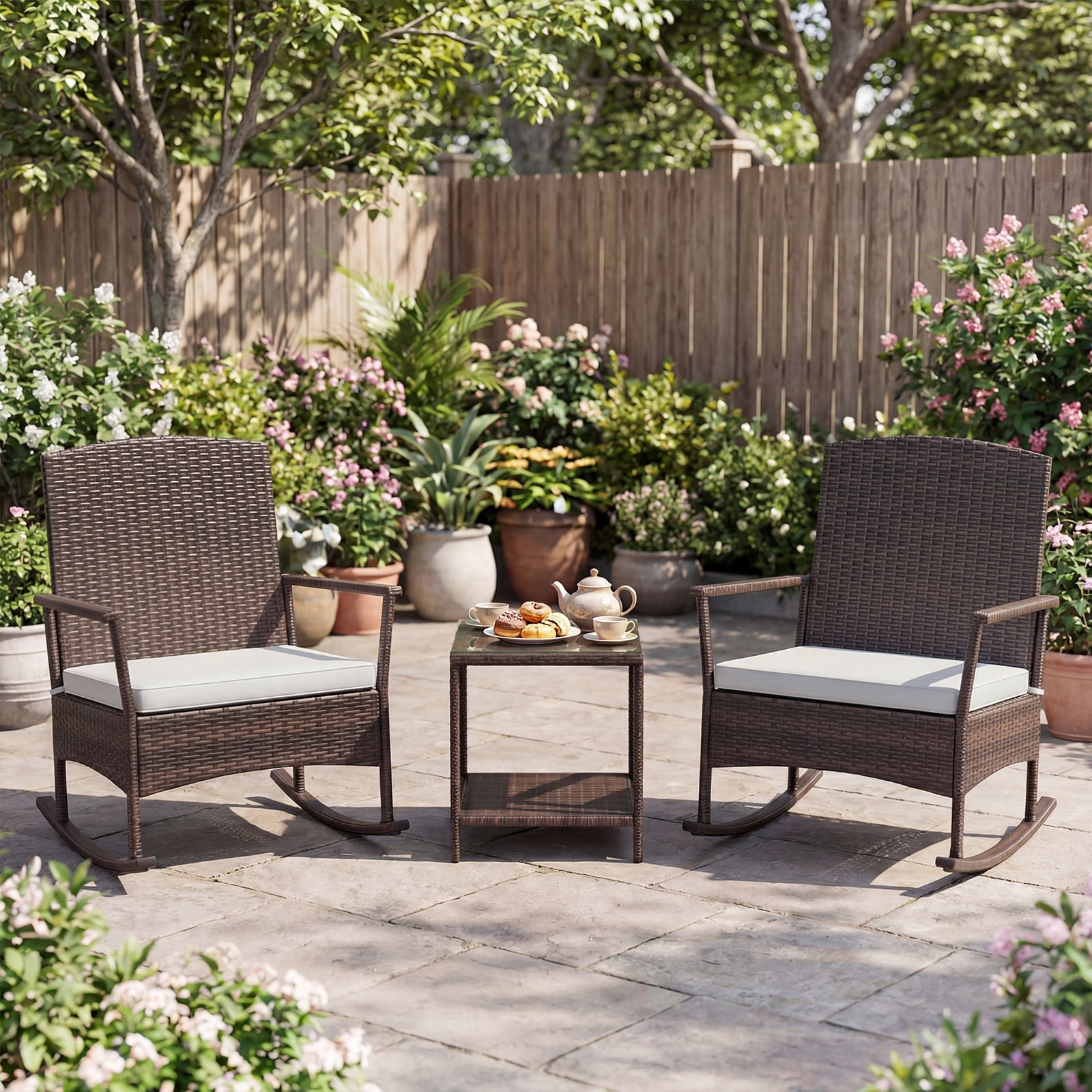 Gymax 3 Piece Patio Rocking Bistro Set 2 Rattan Armchairs W/ 2-Tier Tempered Glass Side Table White