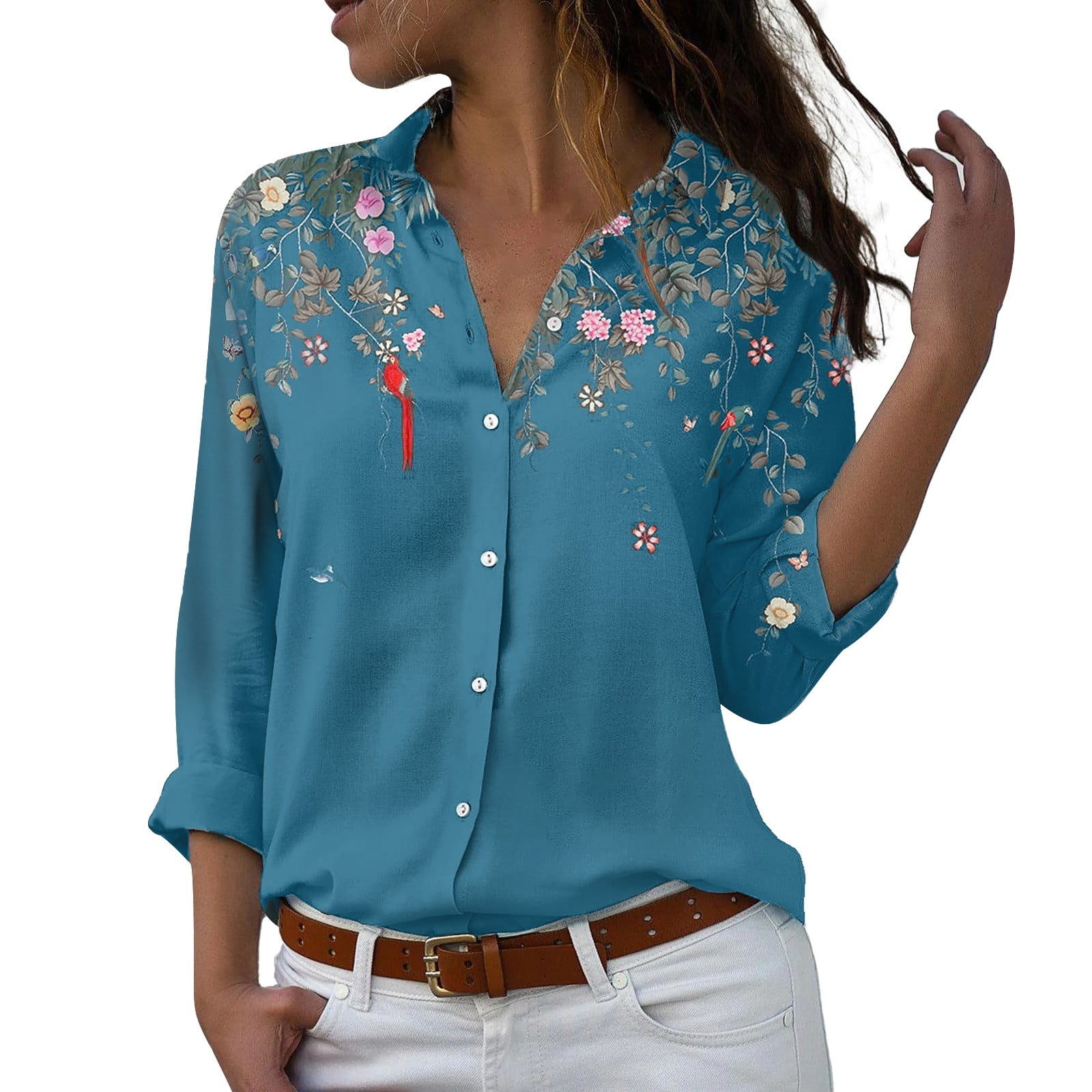 Outfmvch long sleeve shirts for women Floral Print Button Down Shirts ...