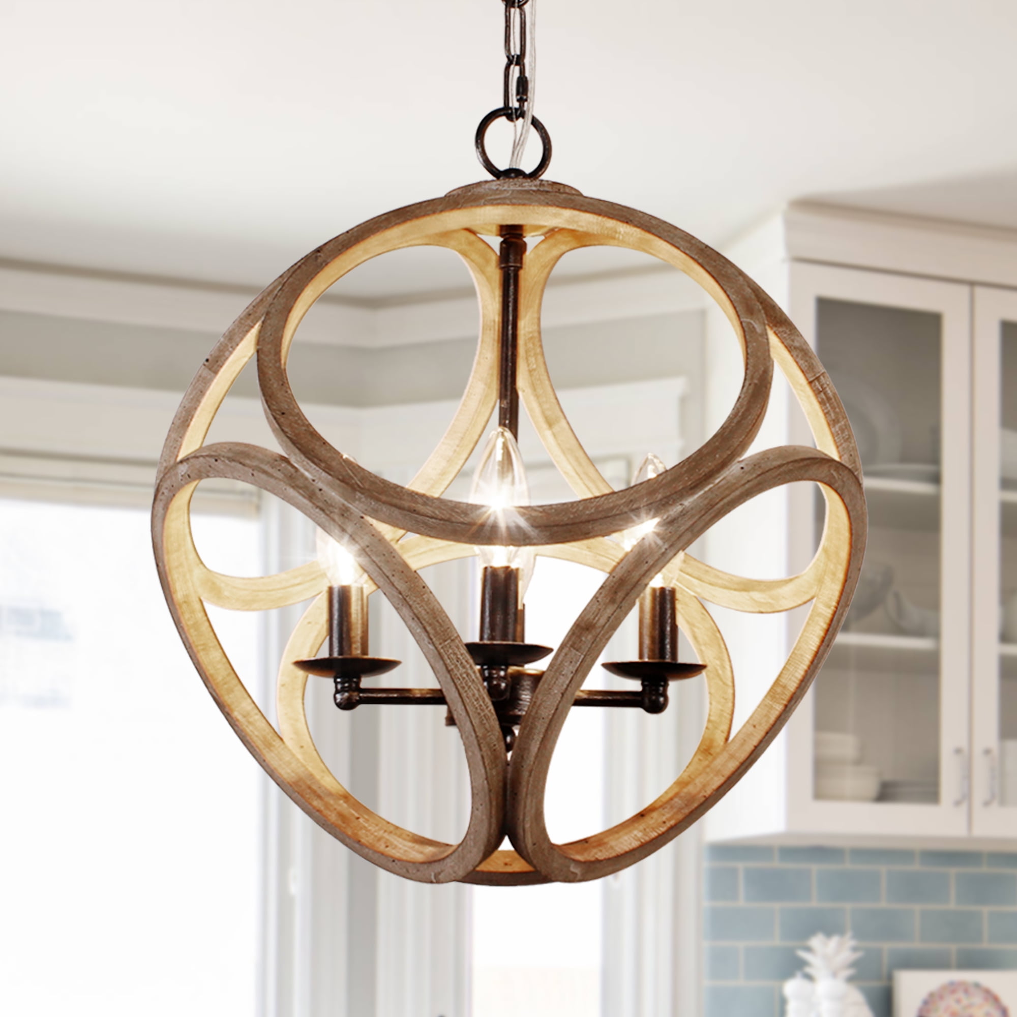 Oaks Aura Farmhouse Rustic 4-Light Wooden Chandelier Candle Style Globe ...