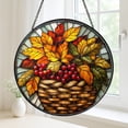Autumn Harvest Stained Glass Suncatcher, Round Basket Window Panel with ...