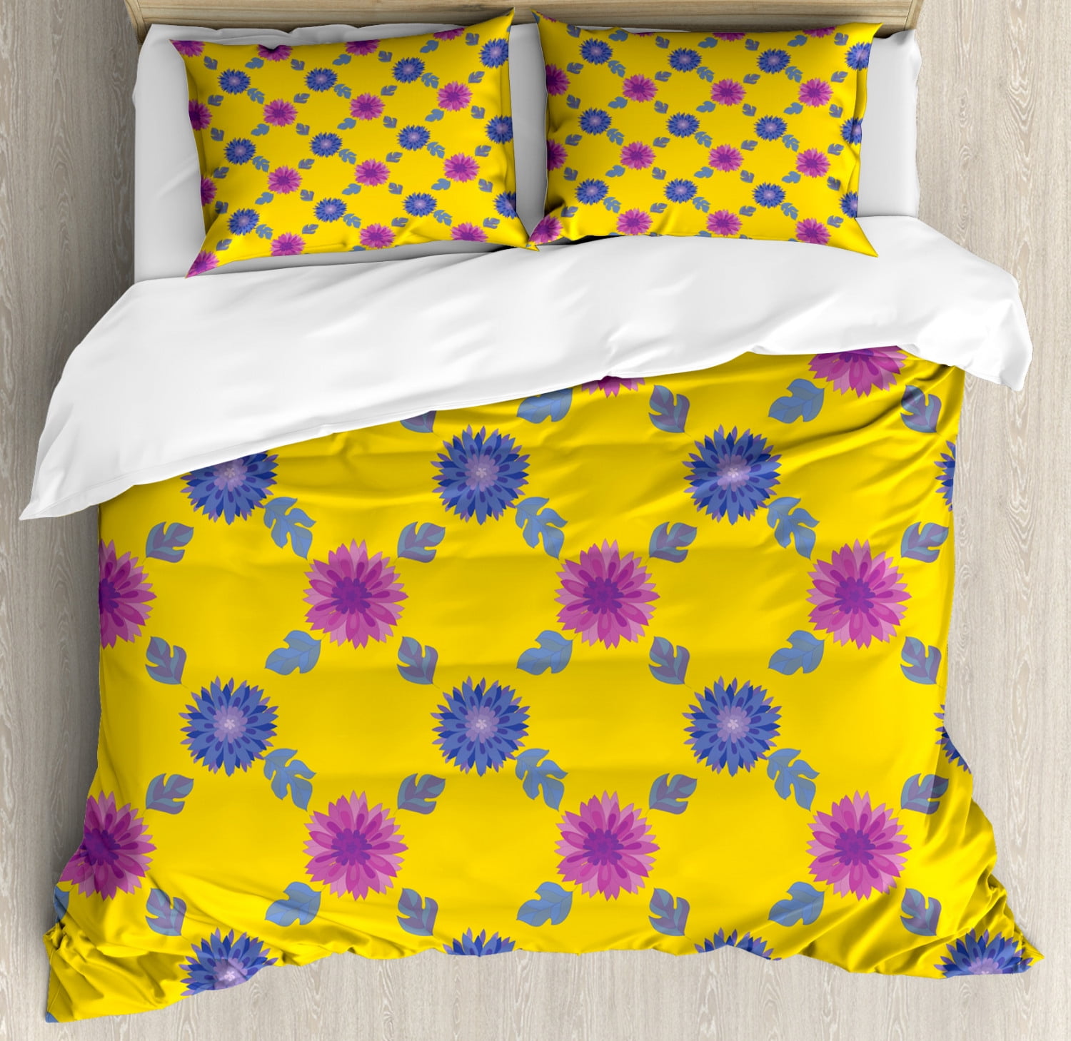 Aster Duvet Cover Set Queen Size, Symmetrical Mosaic Pattern of Flowers ...