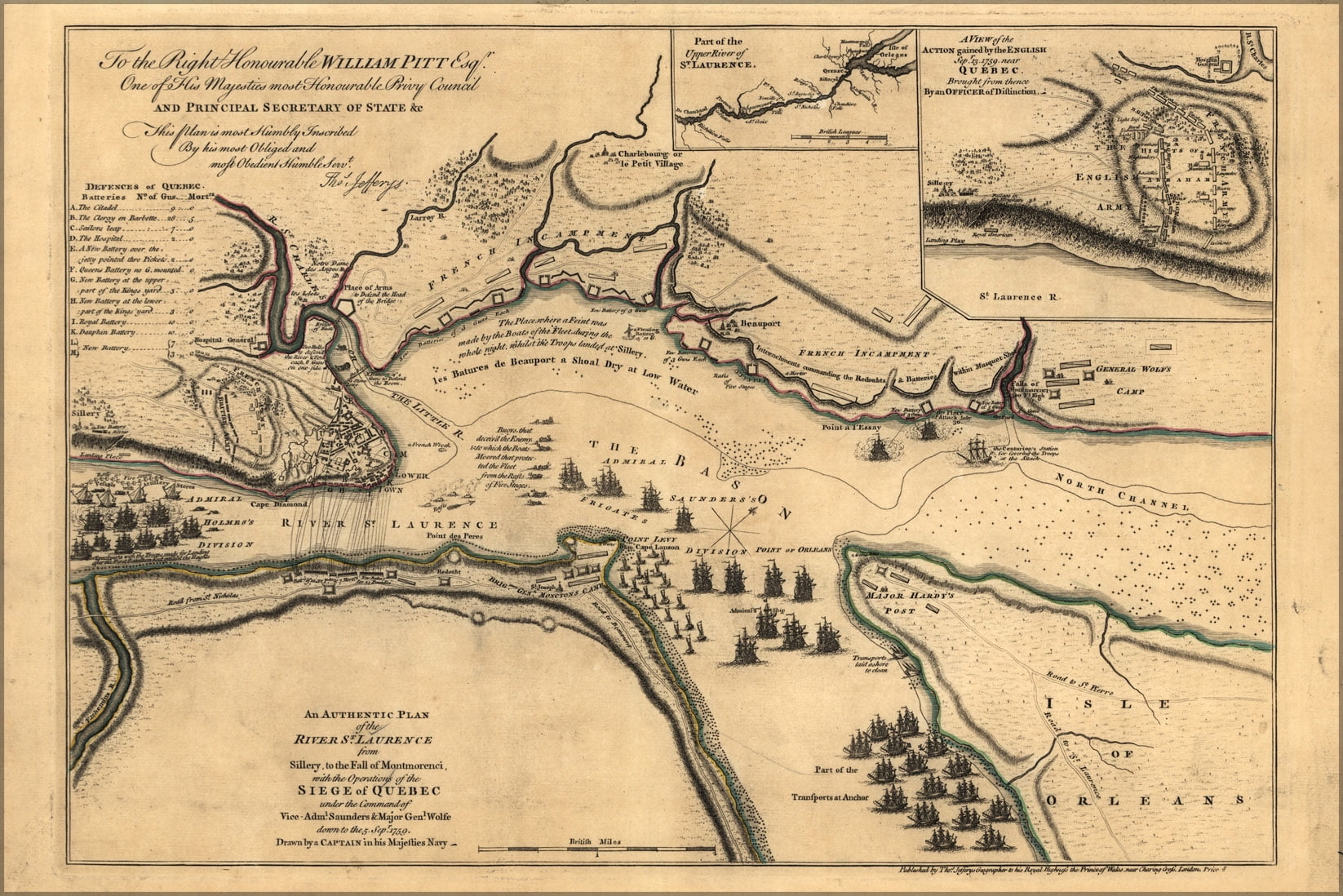 24"x36" Gallery Poster, map of saint lawrence river siege of Quebec ...