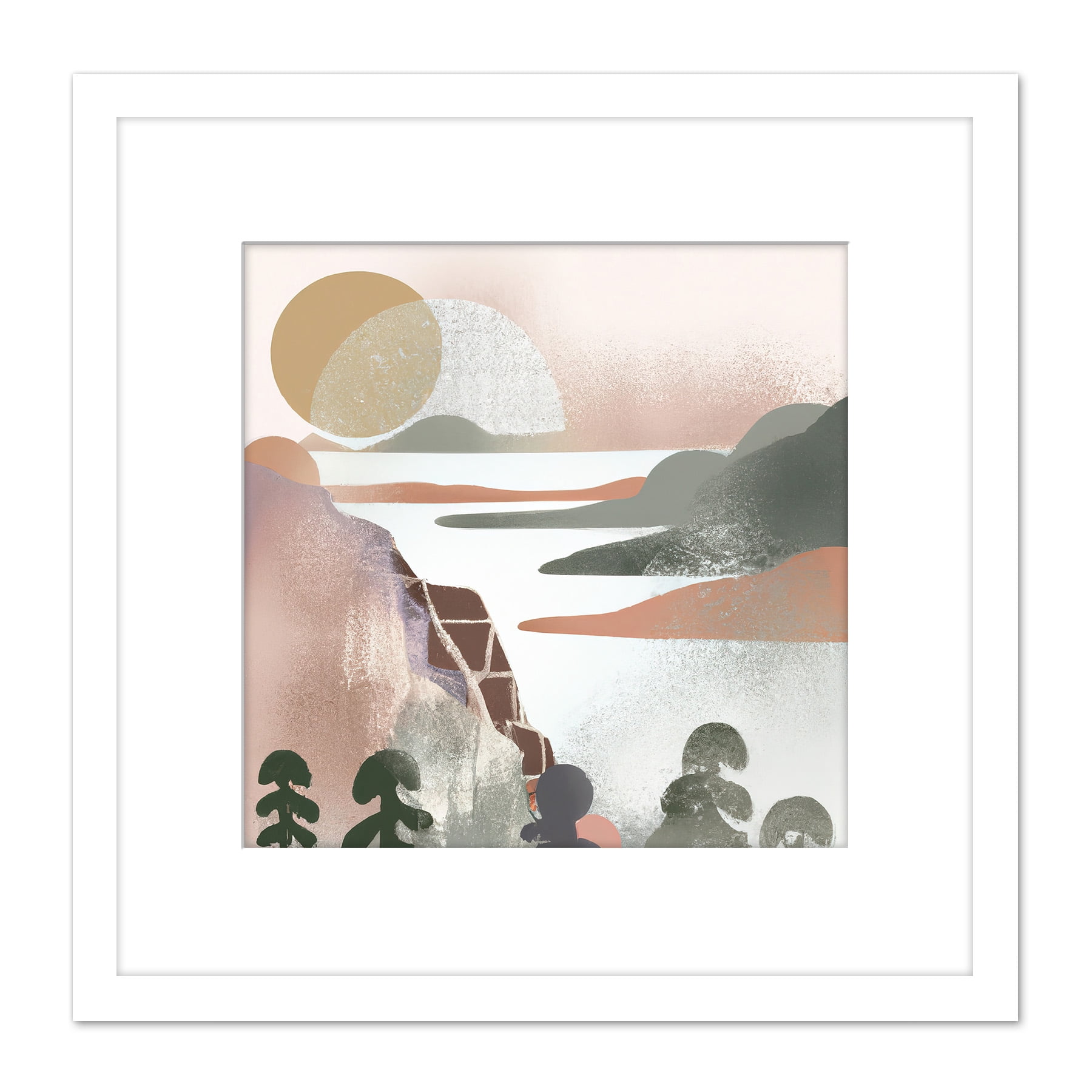 Boho Watercolour Summer Sunrise Land Sea Pastel Painting Square Wooden ...