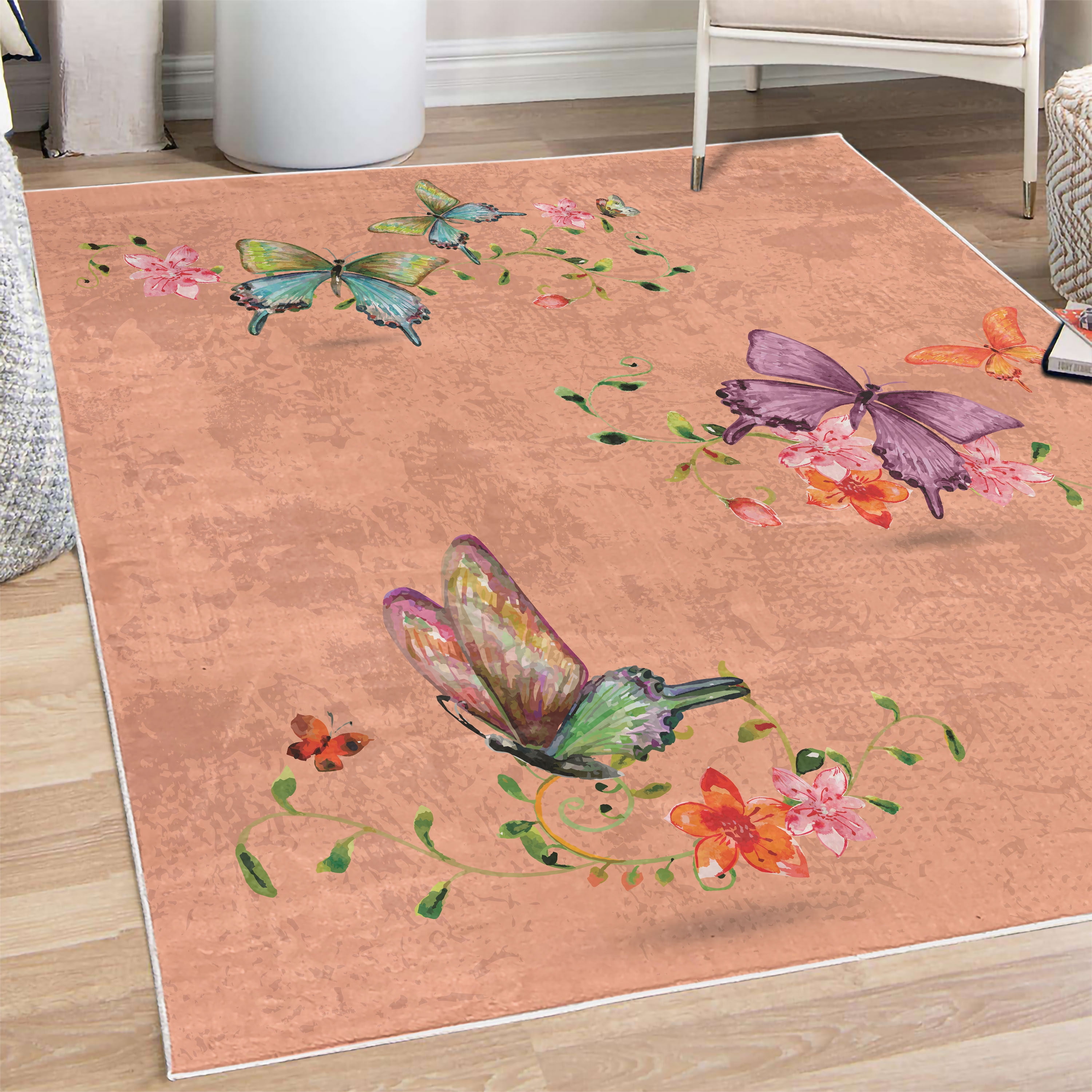 Butterfly Decorative Rug, Springtime Flying Moths on Vintage Style ...