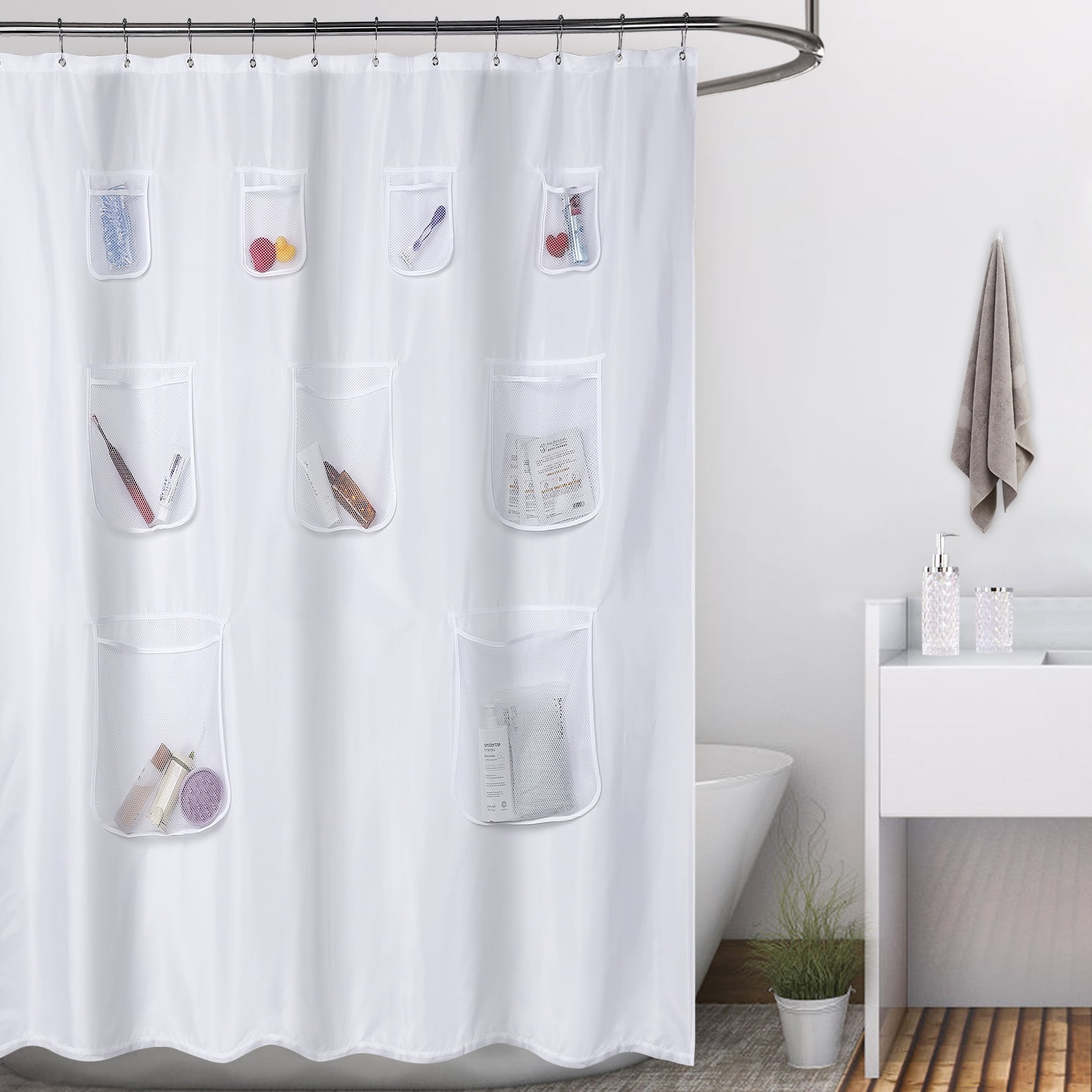 Assile White Shower Curtain or Liner with 9 Mesh Pockets Water-RepellentShower Curtain for ...