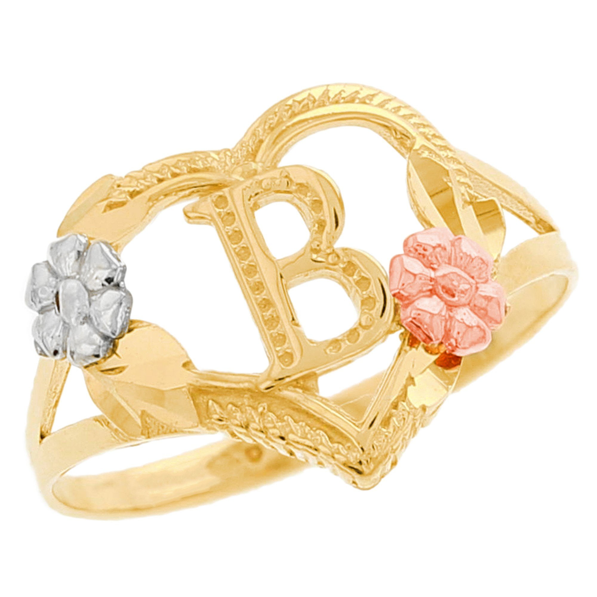 JackAni 10k Multi-Tone Gold Diamond Cut Floral Letter Initial B Heart ...