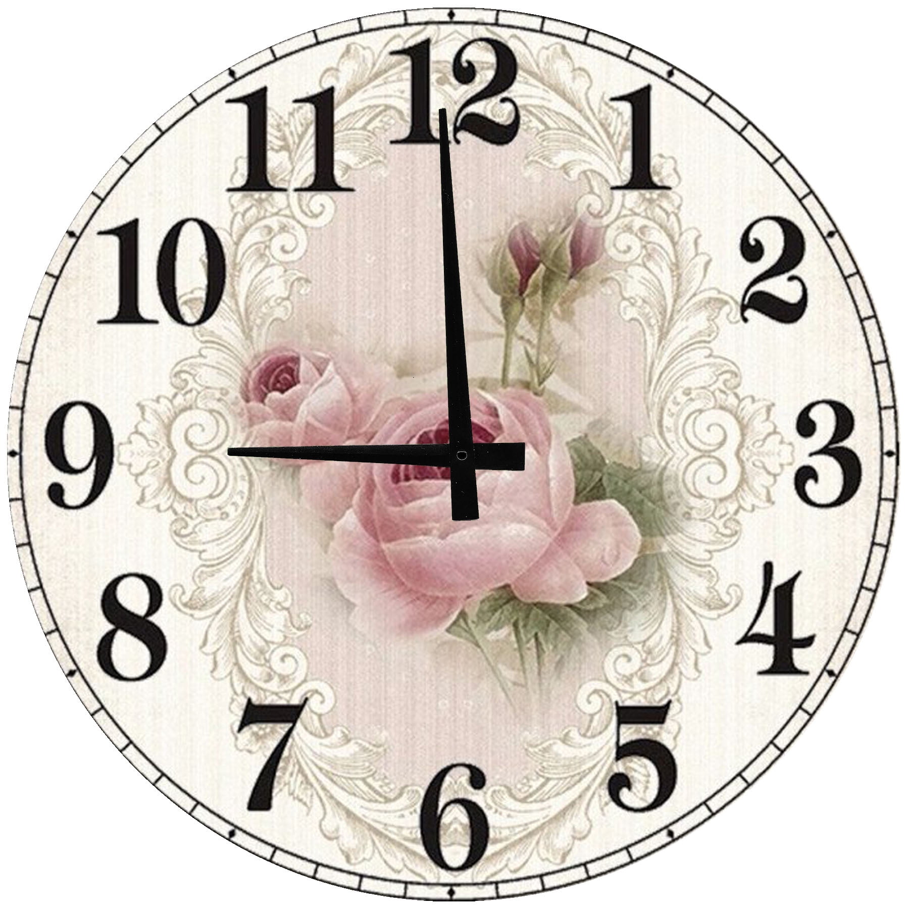 Large Wood Wall Clock 24 Inch Round White Filigree Pink Roses Round ...