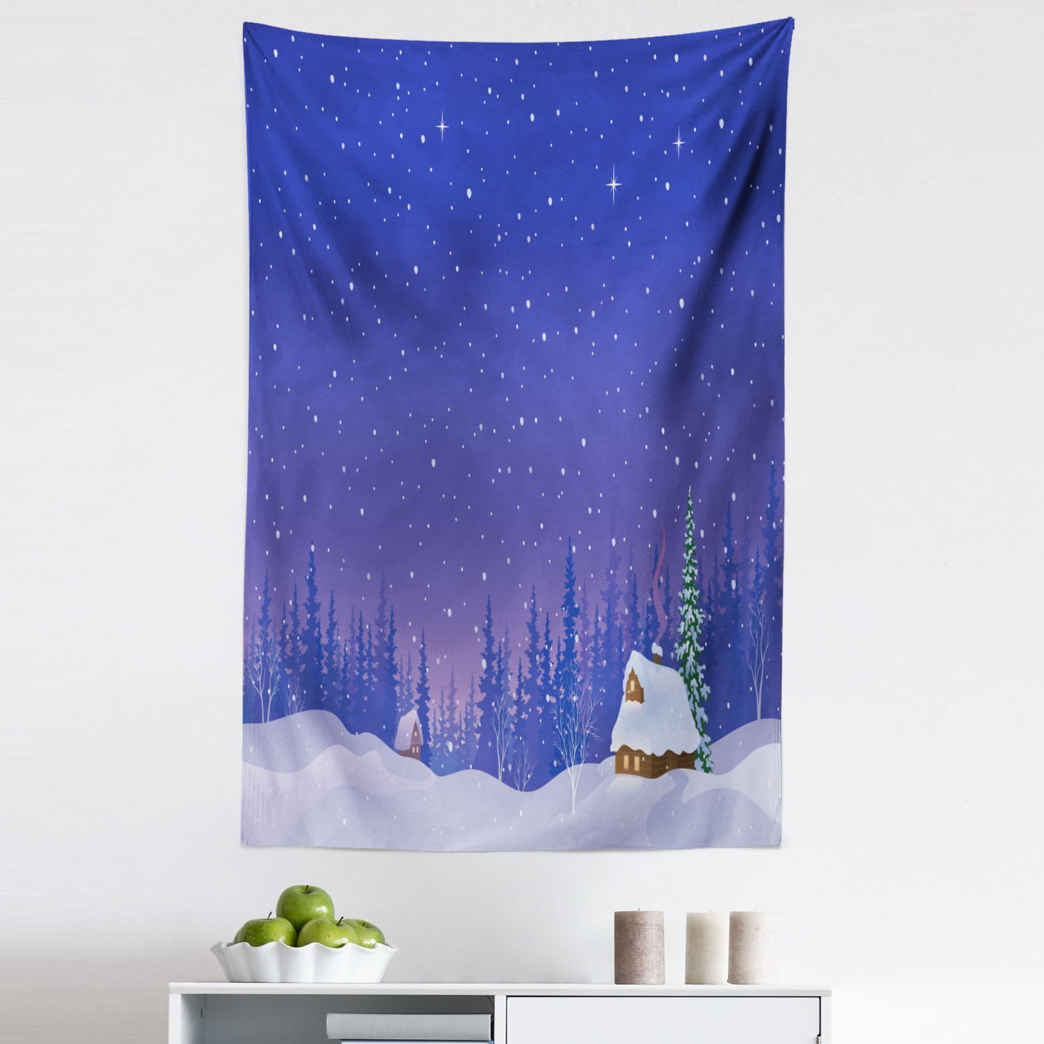Log Cabin Tapestry, Winter Cartoon Illustration of Wooden Houses in a ...