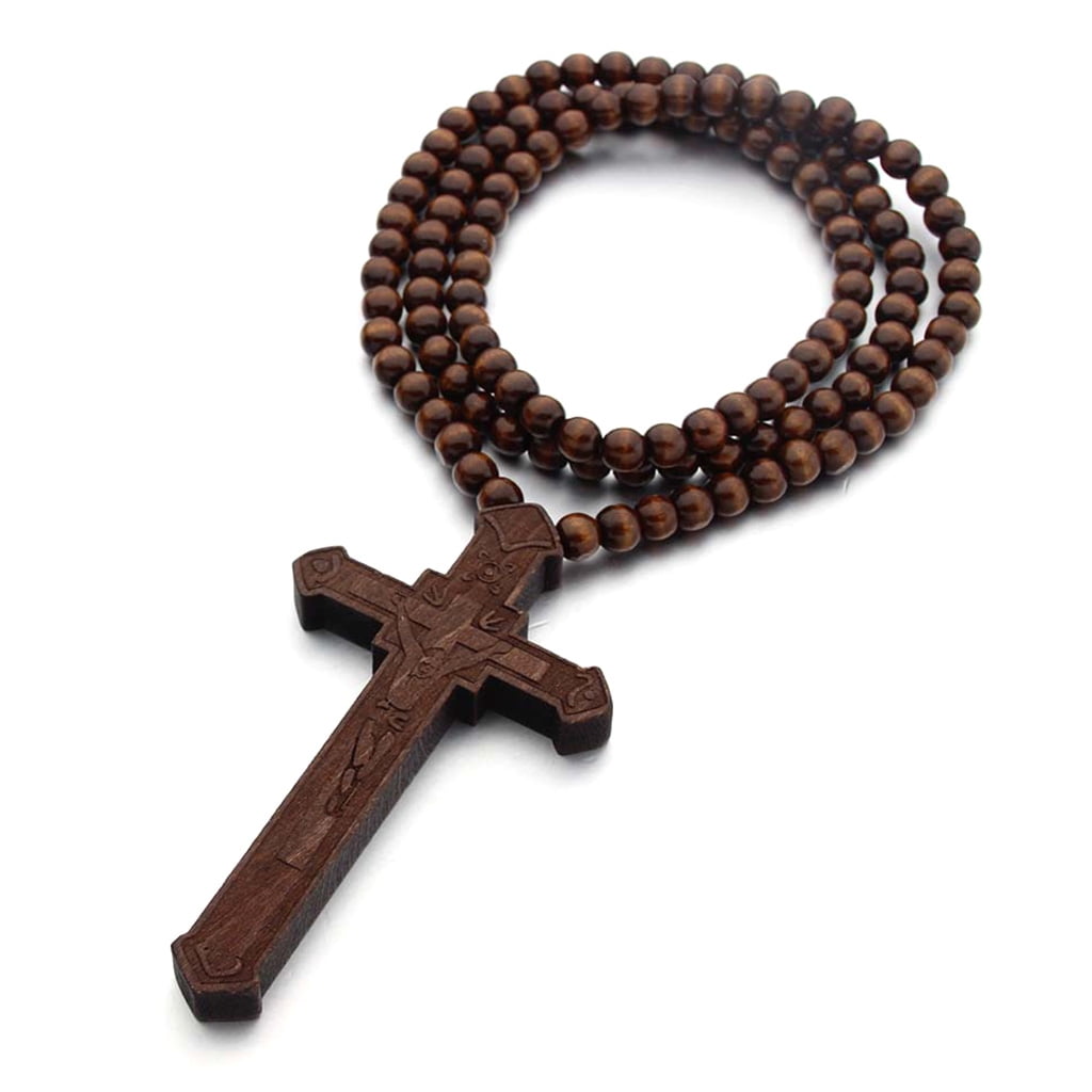 Catholic Cross Necklace with Wooden Beads Rosary Religious Wear Jesus ...