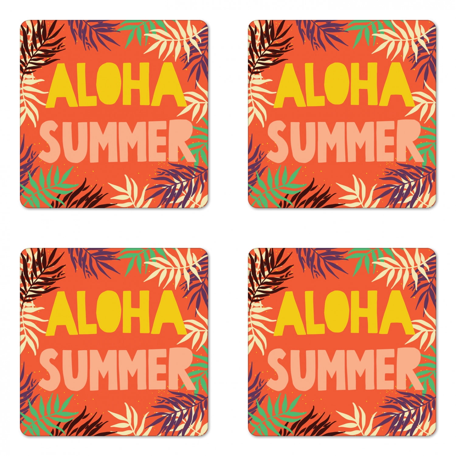 Aloha Coaster Set of 4, Aloha Summer Calligraphy with Leaves Floral ...