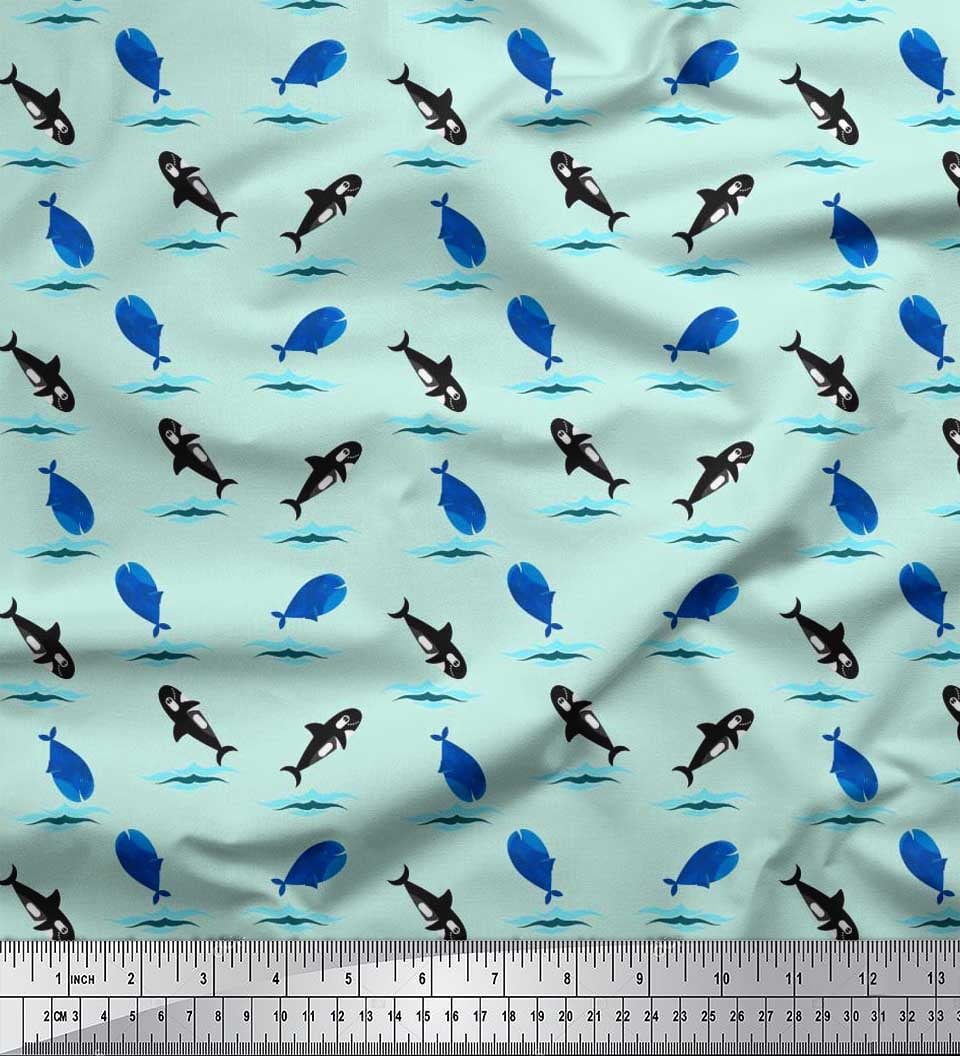 Soimoi Silk Fabric Waves,Whale & Dolphin Ocean Print Fabric by Yard 42 ...