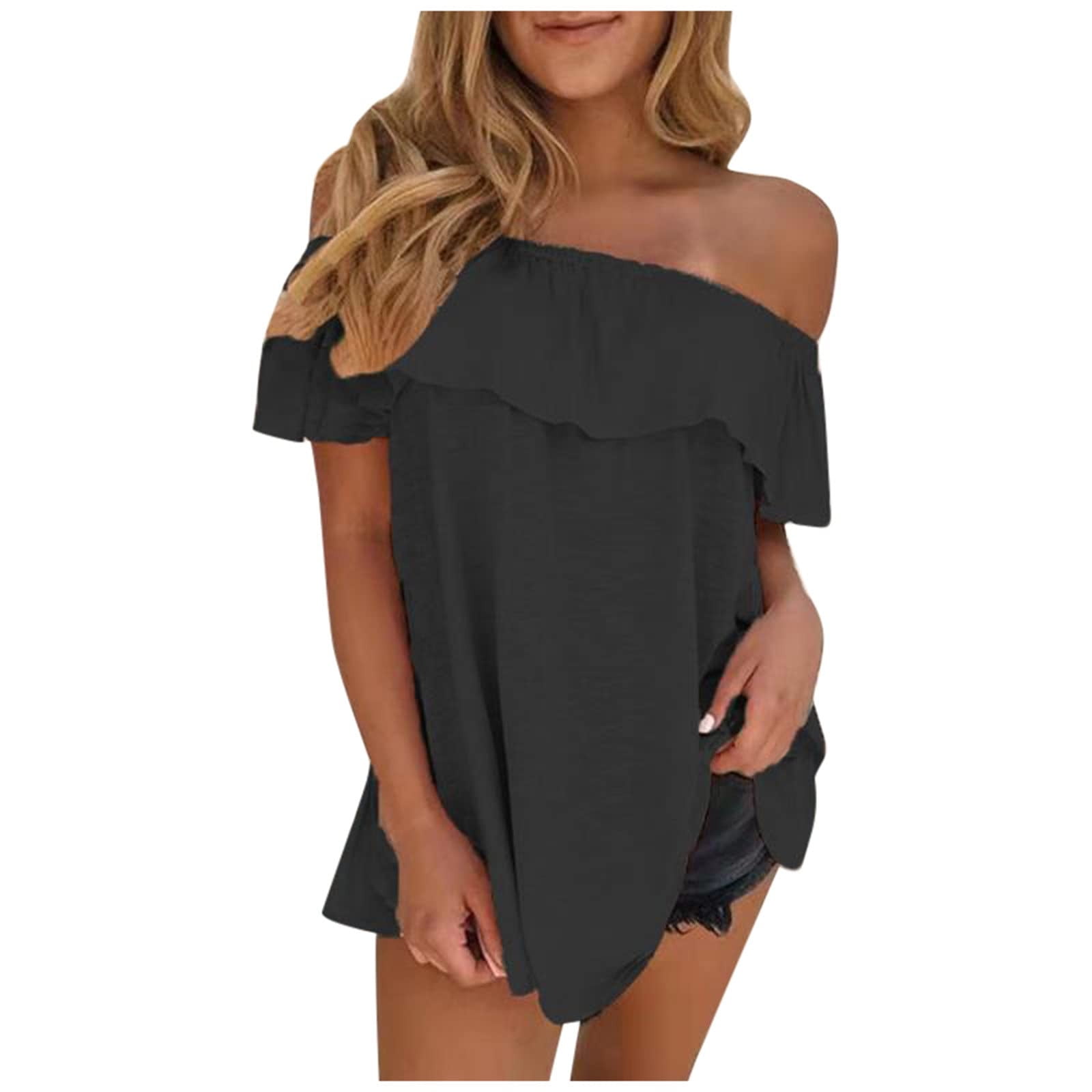 Click here for Pompotops Womens Ruffled Neck Short Sleeve Solid S... prices