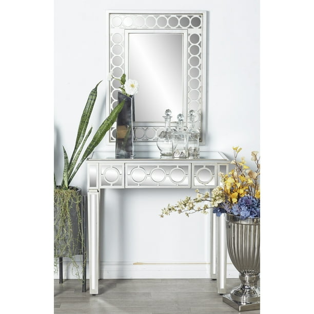 DecMode 23" x 31" Silver Glass Mirrored Geometric Single Drawer Console ...