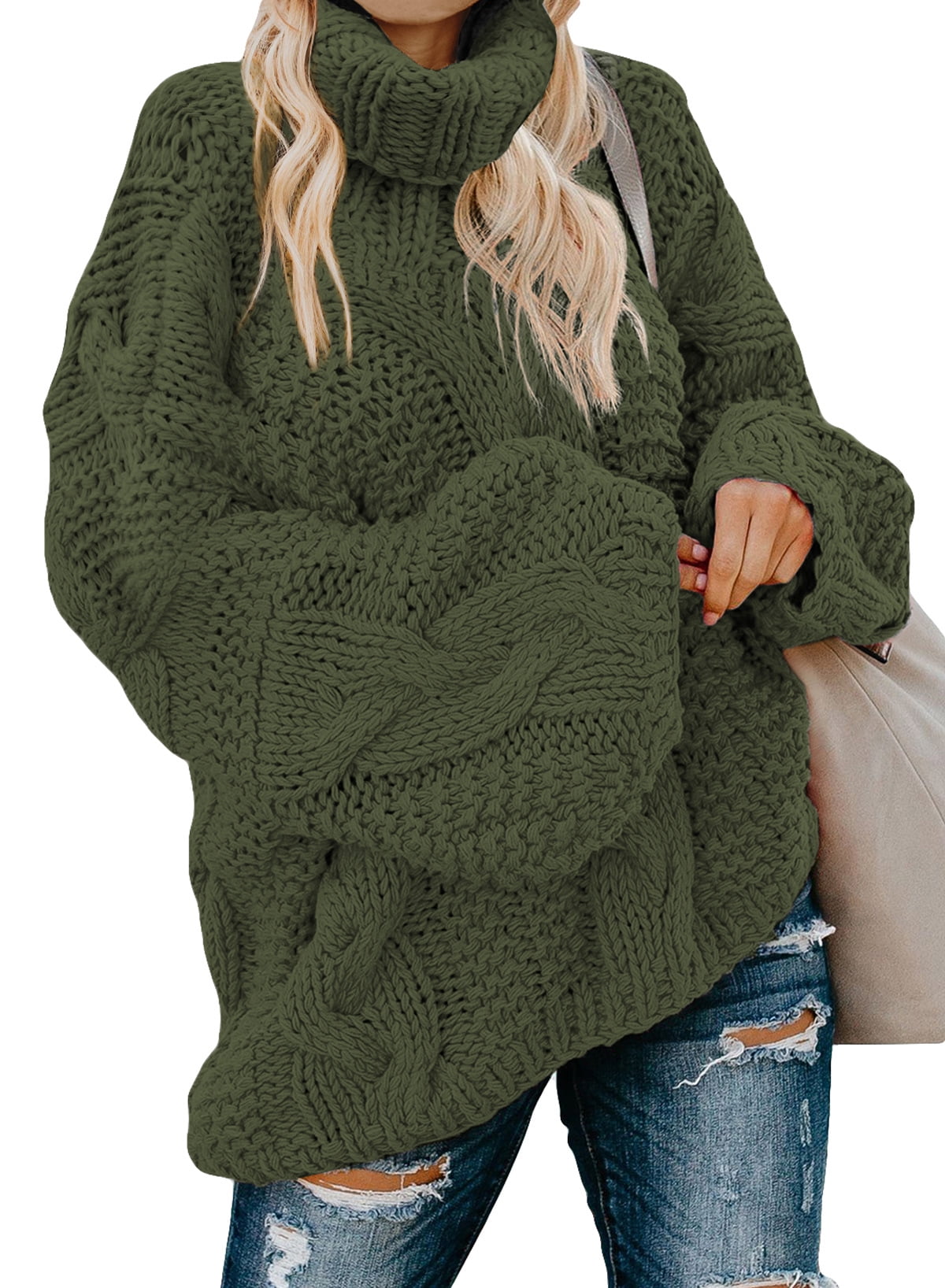 Asyoly Women Turtleneck Knit Sweater Long Sleeve Loose Oversized Casual ...