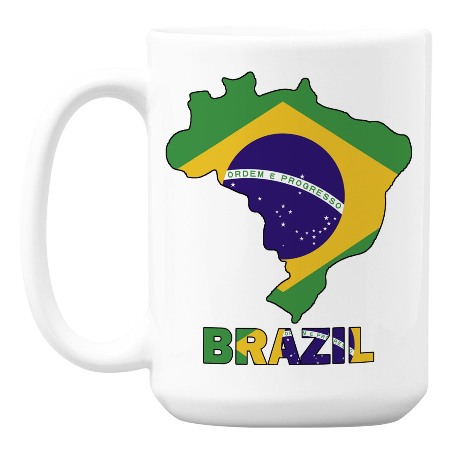 Brazilian or Brazil Flag in Map Outline White Ceramic Coffee & Tea Mug ...