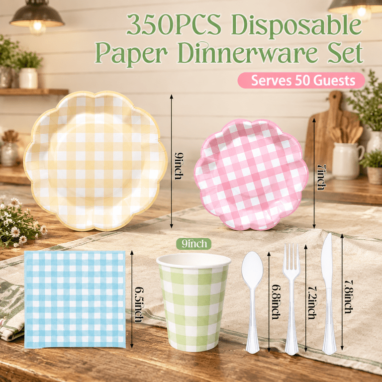 Pastel Plaid Disposable Paper Plates Tableware Set for 50 Guests ...