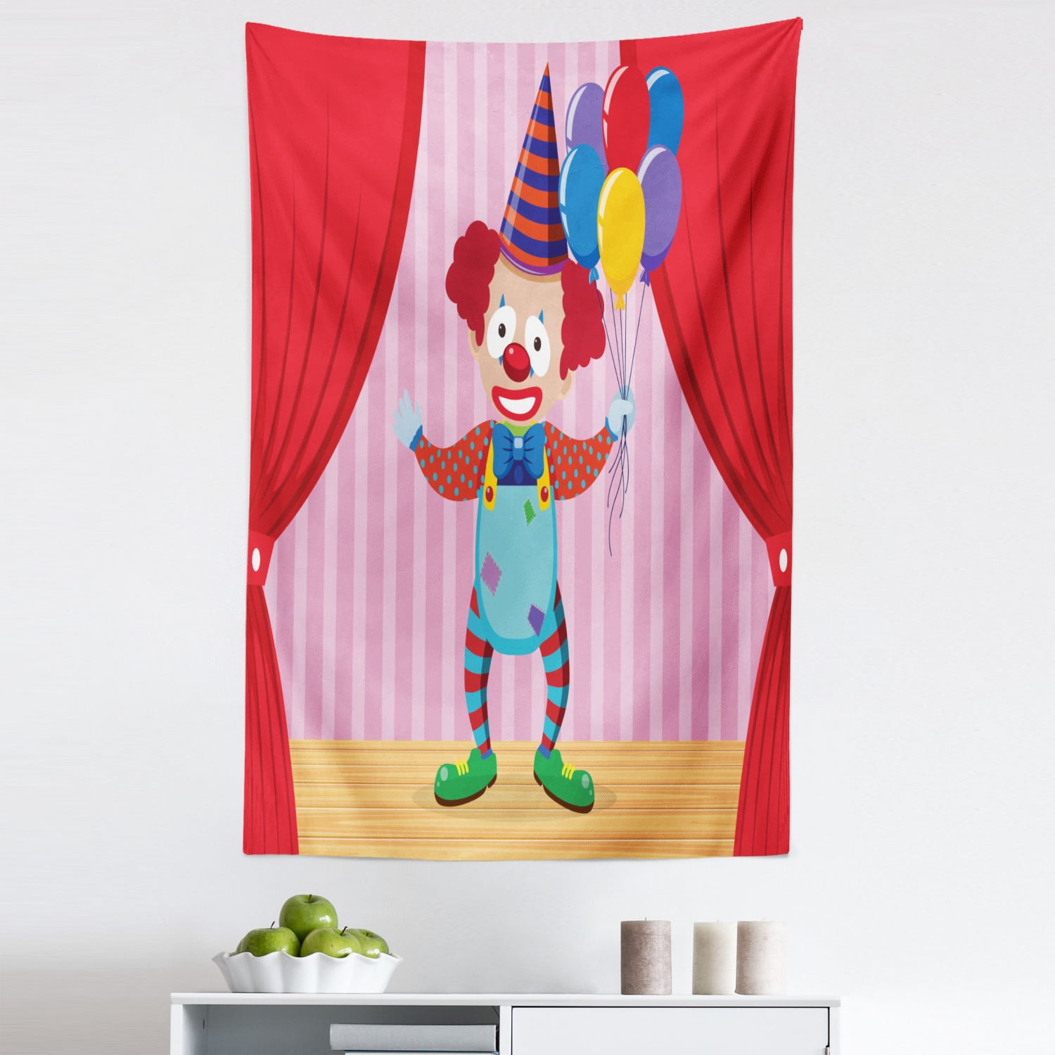 Clown Tapestry, Themed Graphic of Whimsical Entertainer Man on Stage ...
