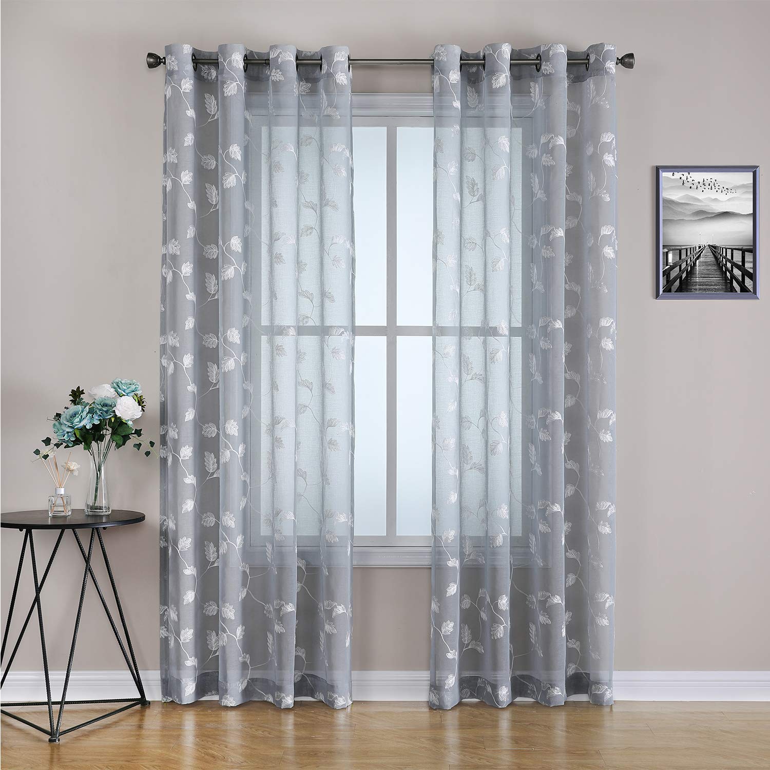 Shininglove Floral Sheer Curtains 95inches, Elegant Leaves Pattern ...