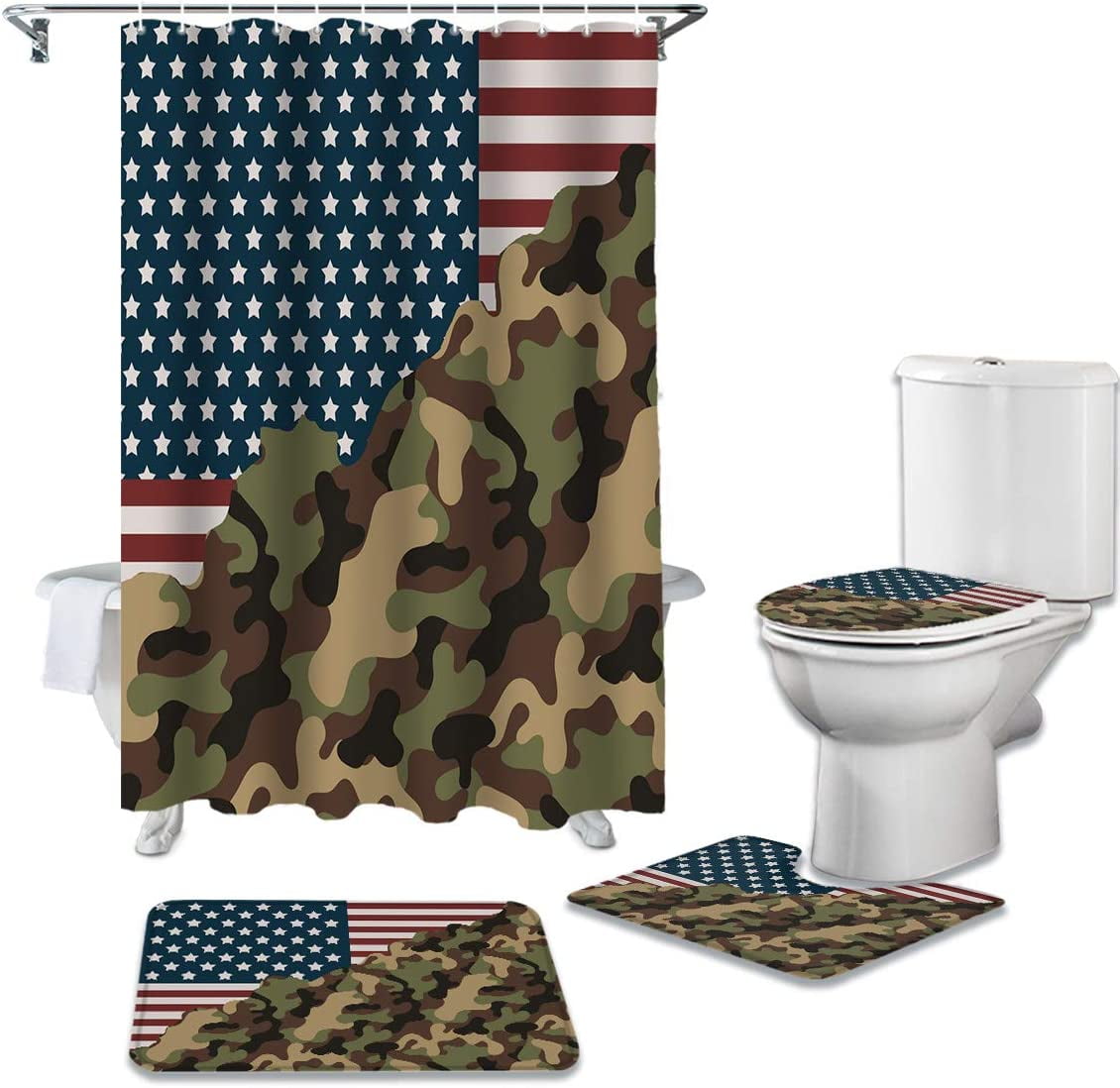 FMSHPON USA Flag Camouflage 4 Piece Bathroom Set Shower Curtain Bath ...