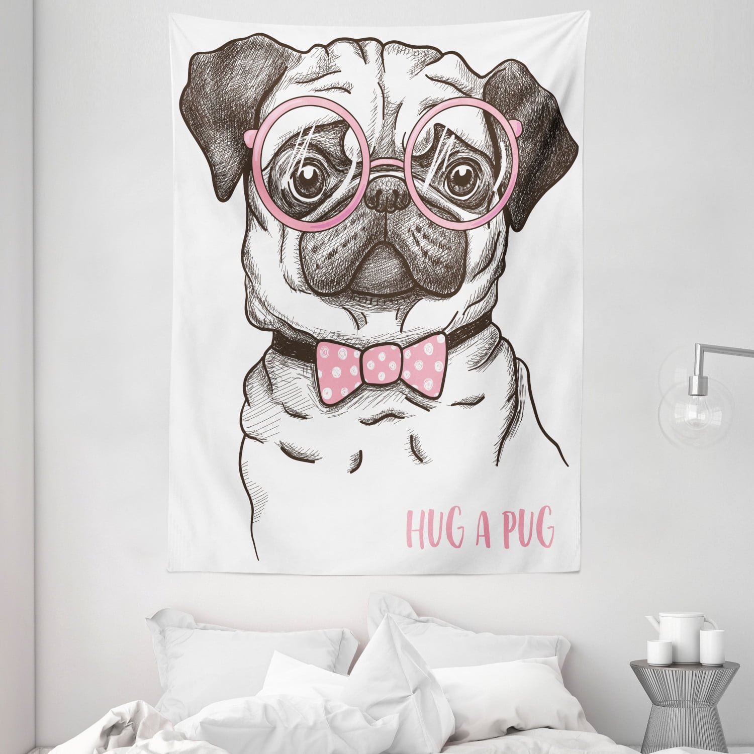 Pug Tapestry, Cute Pug with Pink Bow Tie and Oversized Glasses Hand ...