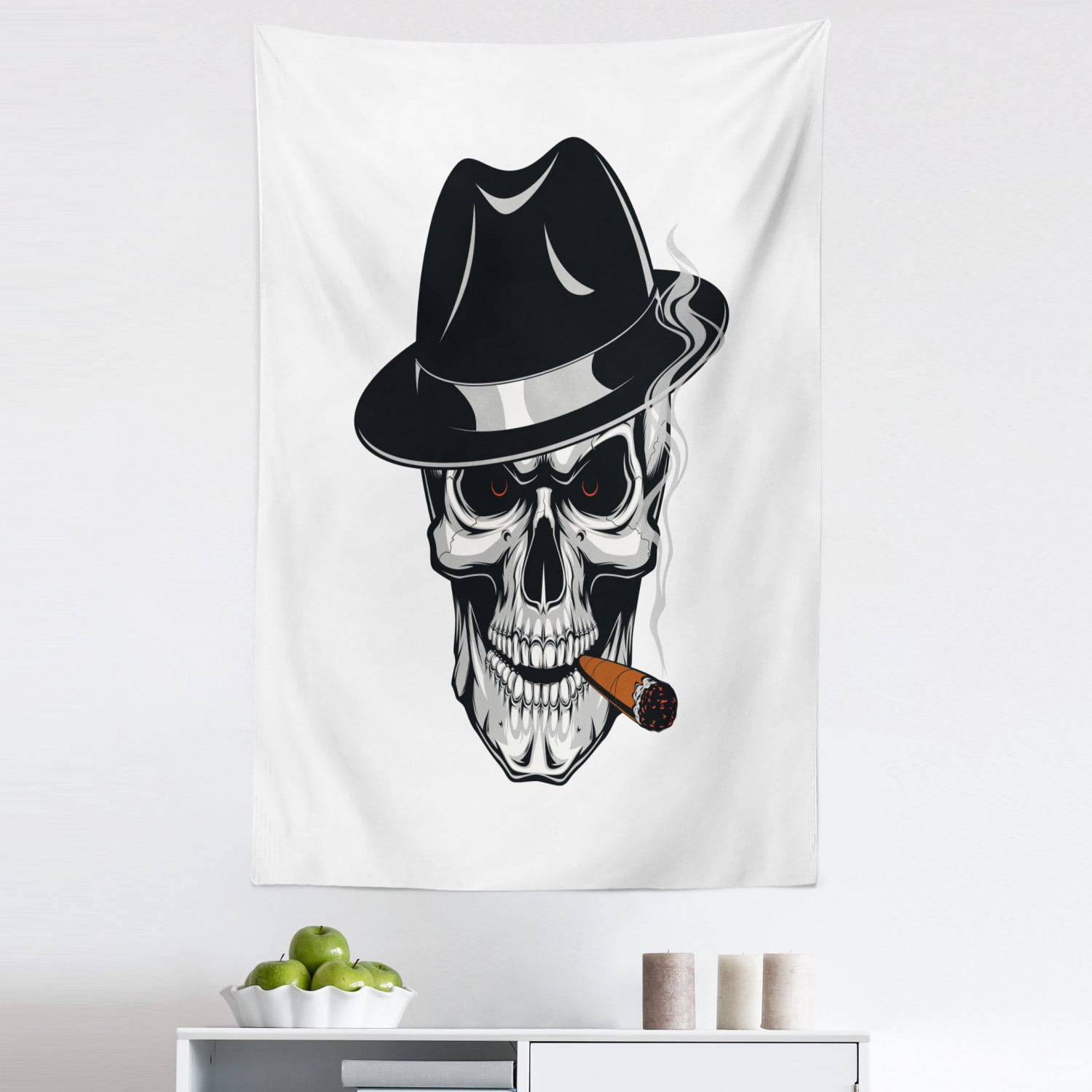 Skull Smoking Tapestry, Human Skeleton Head Portrait Wearing Fedora Hat ...