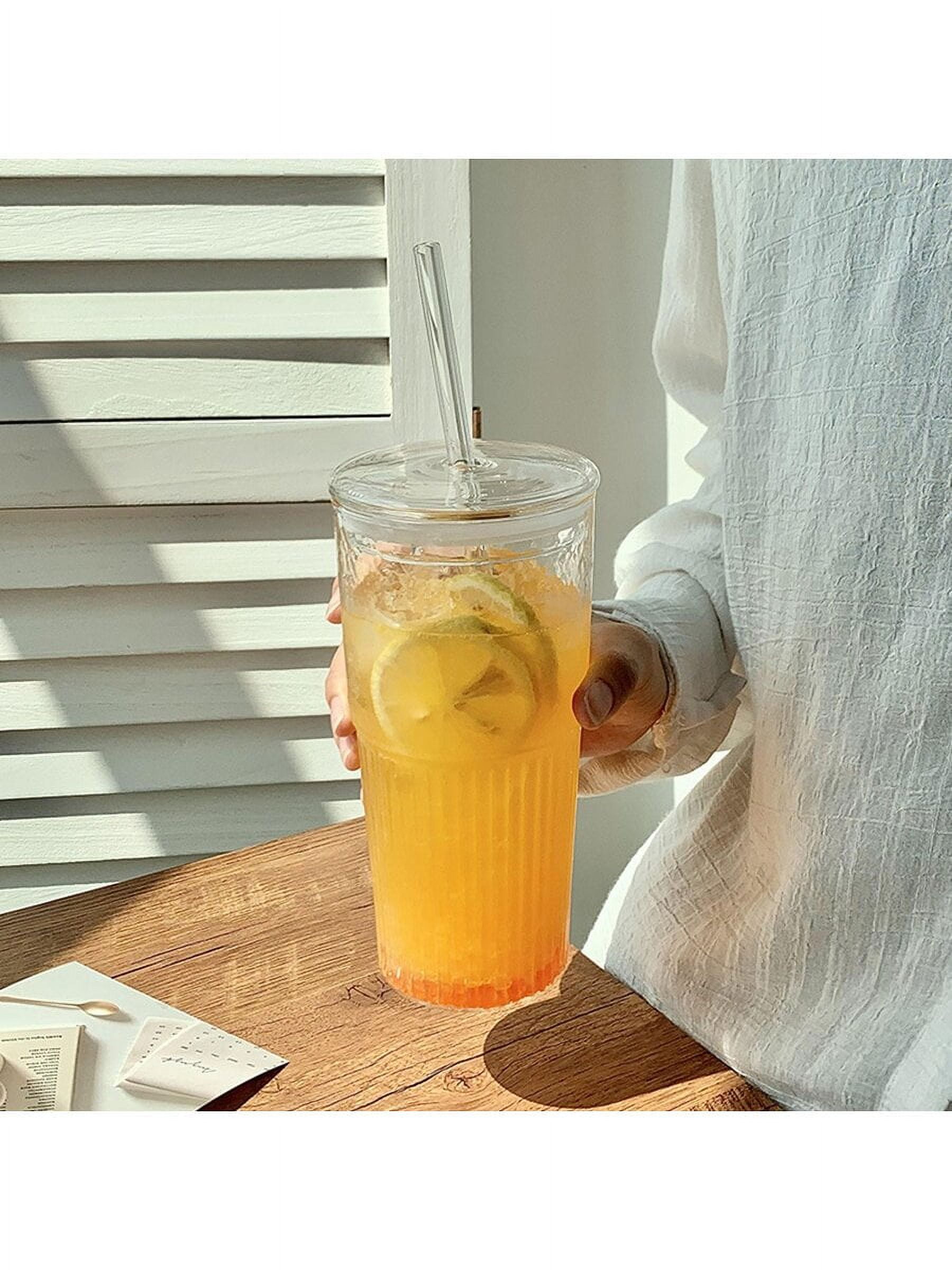 A 600ml Large Capacity Glass Cup With Lid And Straw, Ins Style Vertical Striped Design Coffee ...