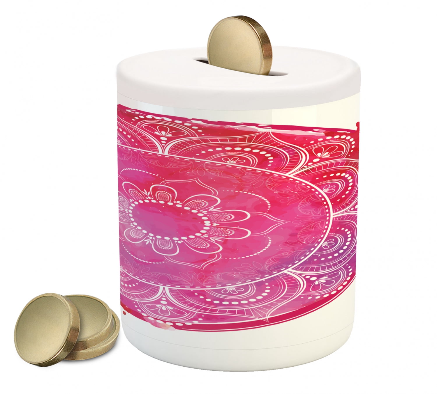 Yoga Piggy Bank, Pink Watercolor Round with an Mandala Art Motif Paint ...
