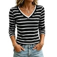akafmk Womens V Neck Striped Tops 3/4 Sleeve Casual Base T Shirt Summer ...