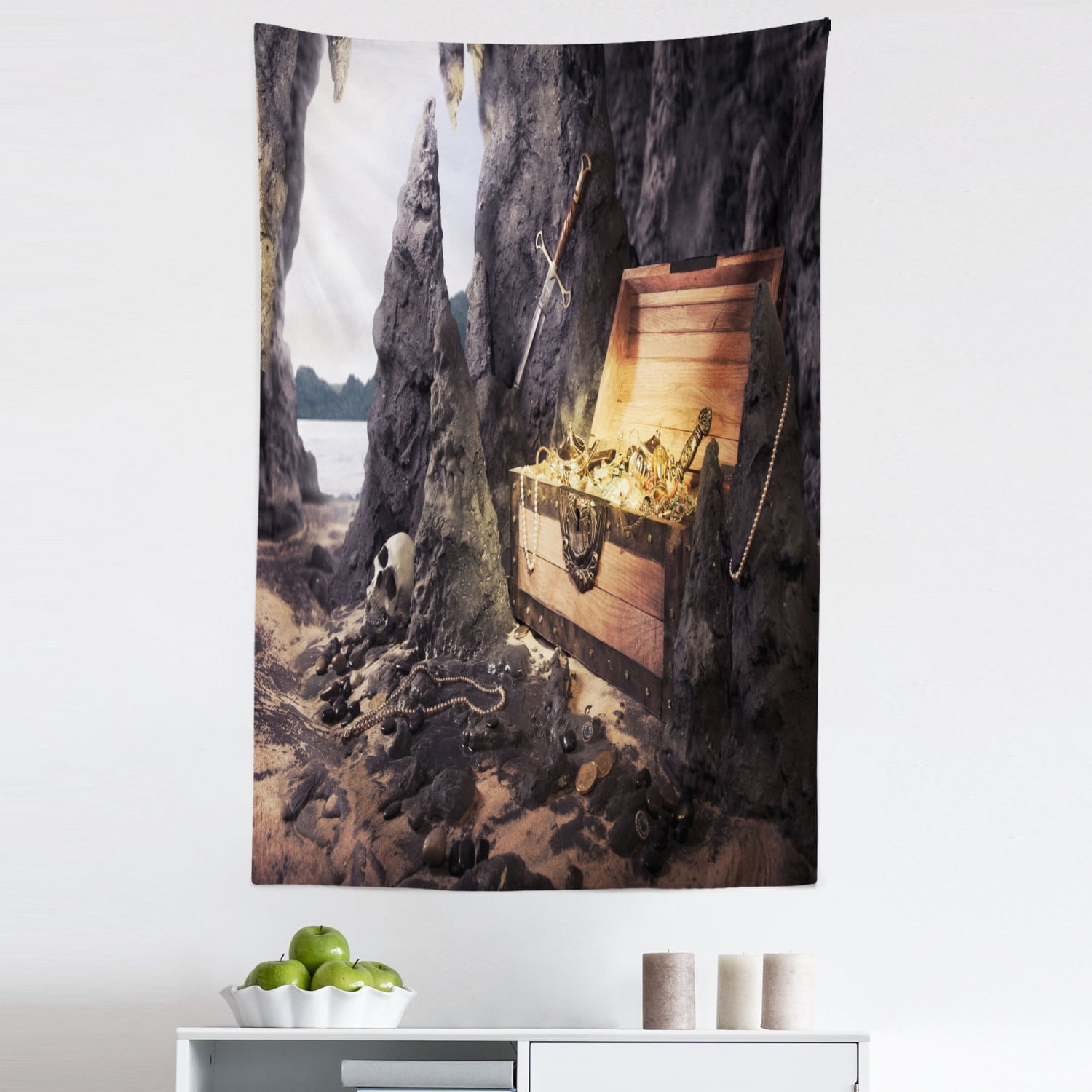 Fantasy Tapestry, Open Treasure Chest with Gold Coins in Cave Pirate ...