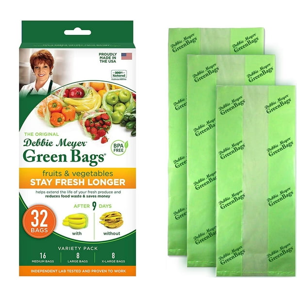 Debbie Meyer GreenBags 32-Pack (16M, 8L, 8XL) - Keeps Fruits, Vegetables, and Cut Flowers, Fresh ...